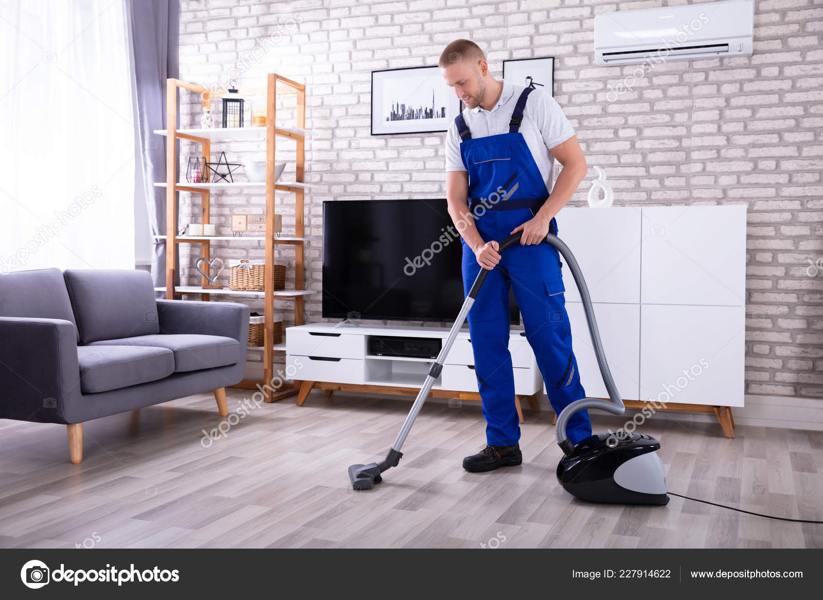 High Angle View Male Janitor Cleaning Floor Vacuum Cleaner — Stock ...