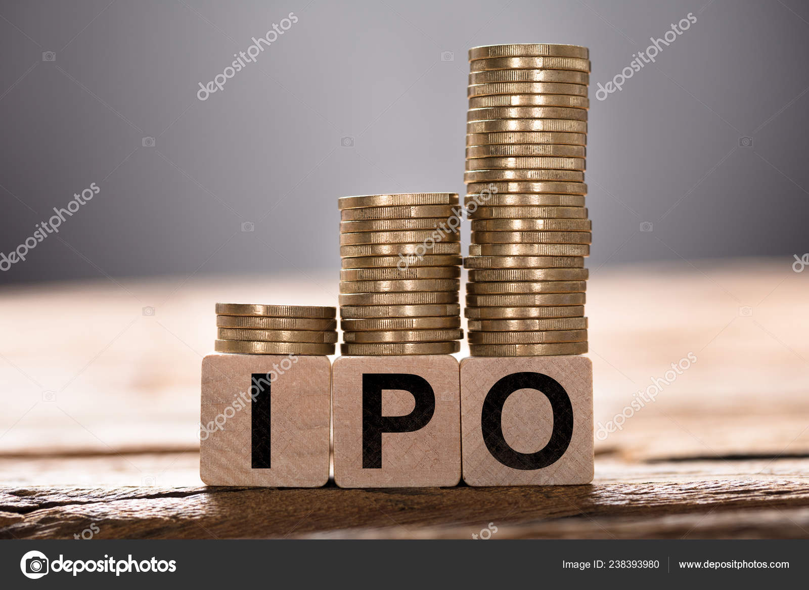 Close Stacked Golden Coins Ipo Wooden Blocks — Stock Photo © AndreyPopov #238393980