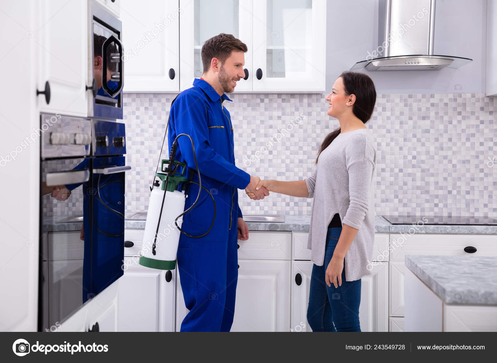 Male Pest Control Worker Shaking Hands Happy Woman Kitchen — Stock ...