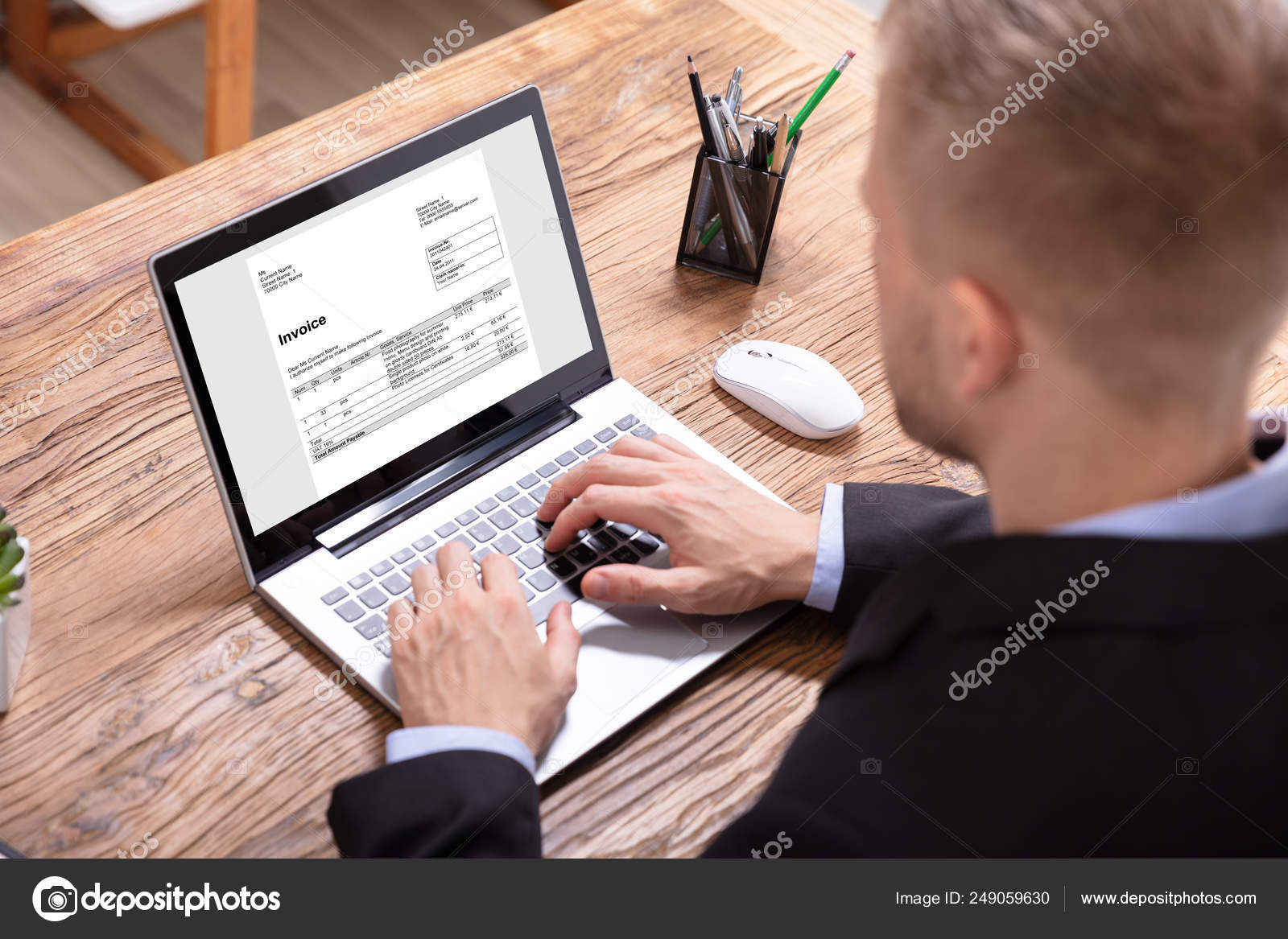 Close Businessman's Hand Checking Invoice Laptop — Stock Photo ...