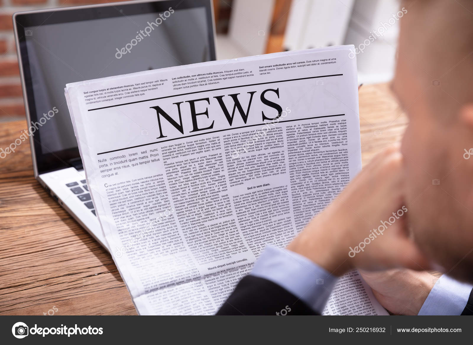 Close Man's Hand Holding Newspaper Wooden Desk Stock Photo by ...