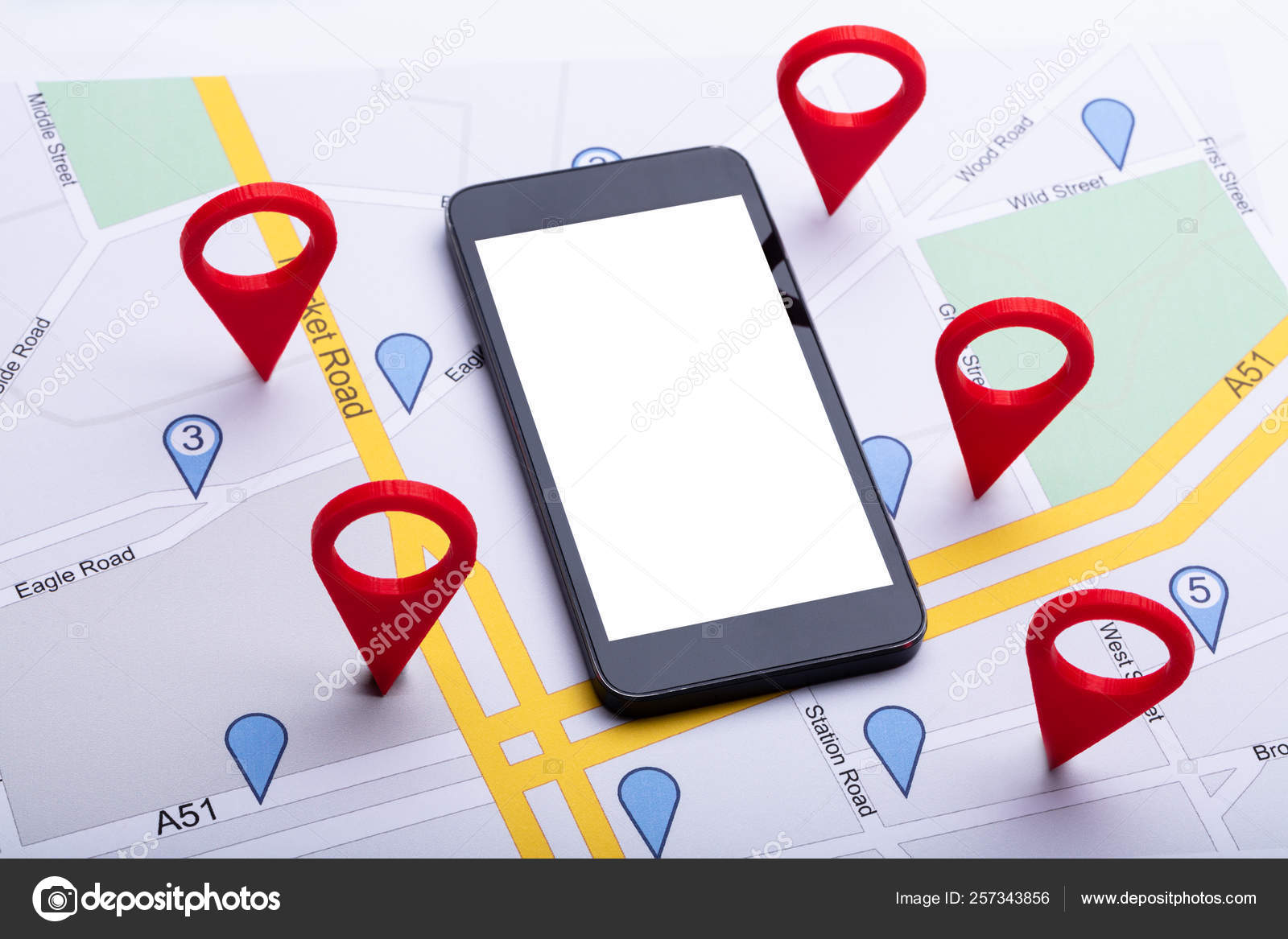 Overhead View Map Red Location Marker Blank Display Mobile Phone Stock ...