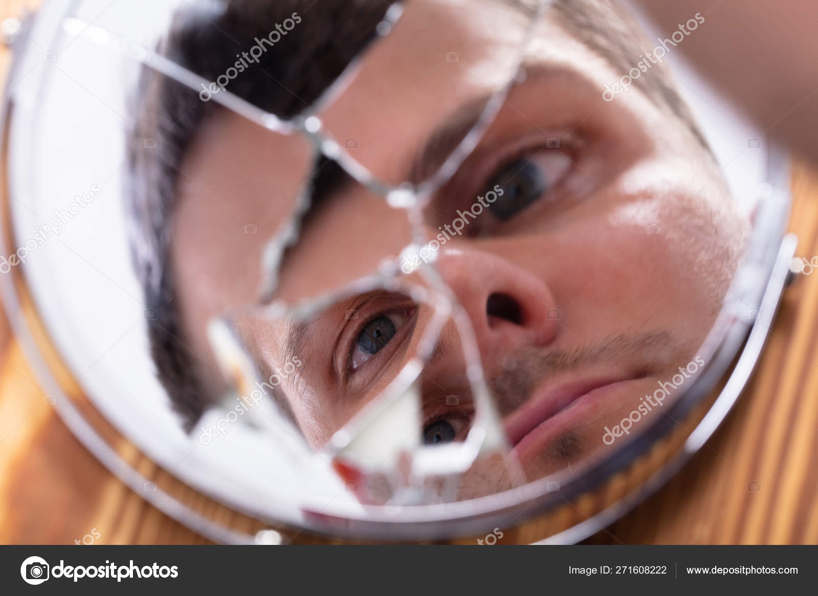 Close Young Man Looking His Face Broken Mirror — Stock Photo ...