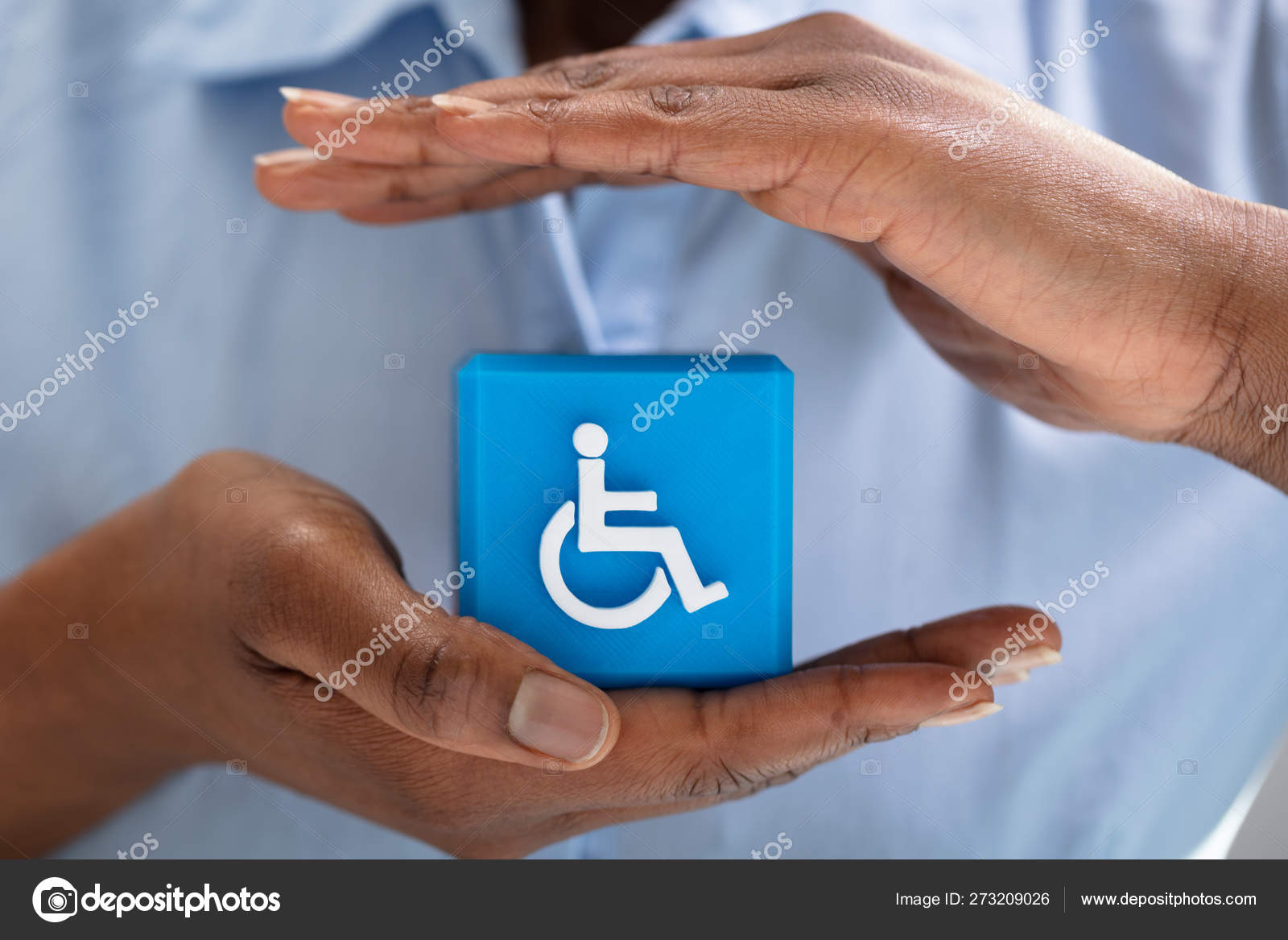Close Human's Hand Protecting Blue Cubic Block Disabled Handicap Icon ...