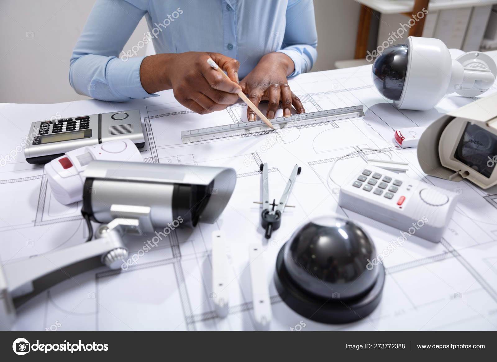 Architecture Drawing Blueprint Various Security Equipment Desk — Stock ...