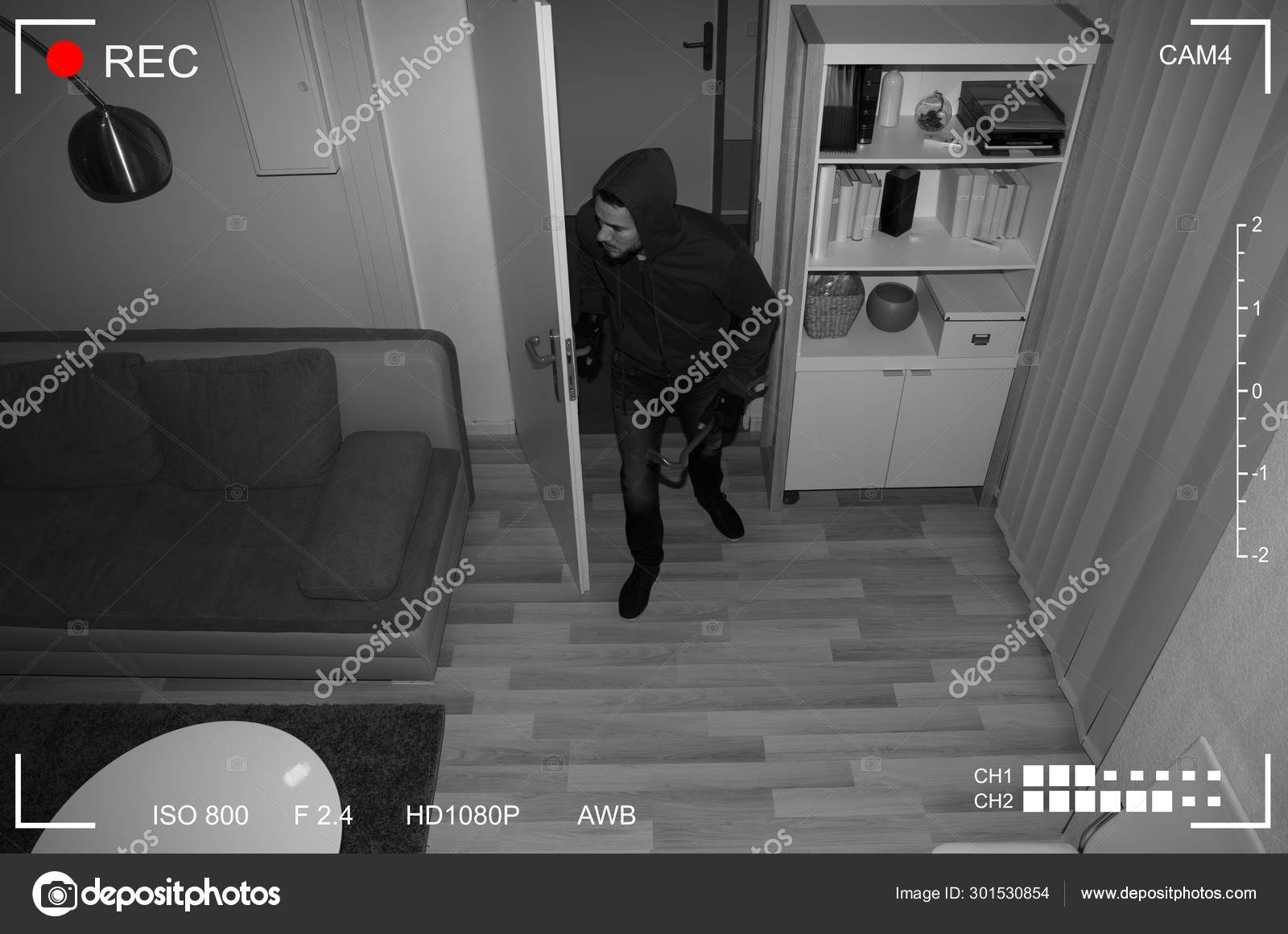 Thief Crowbar Entering House Scene Cctv Camera — Stock Photo ...