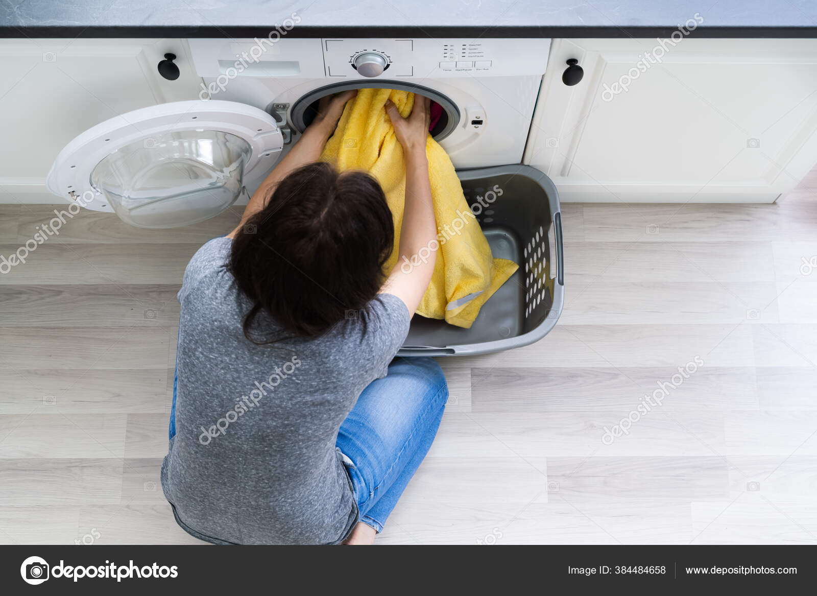 Woman Using Washing Machine Cleaning Clothes Kitchen — Stock Photo ...