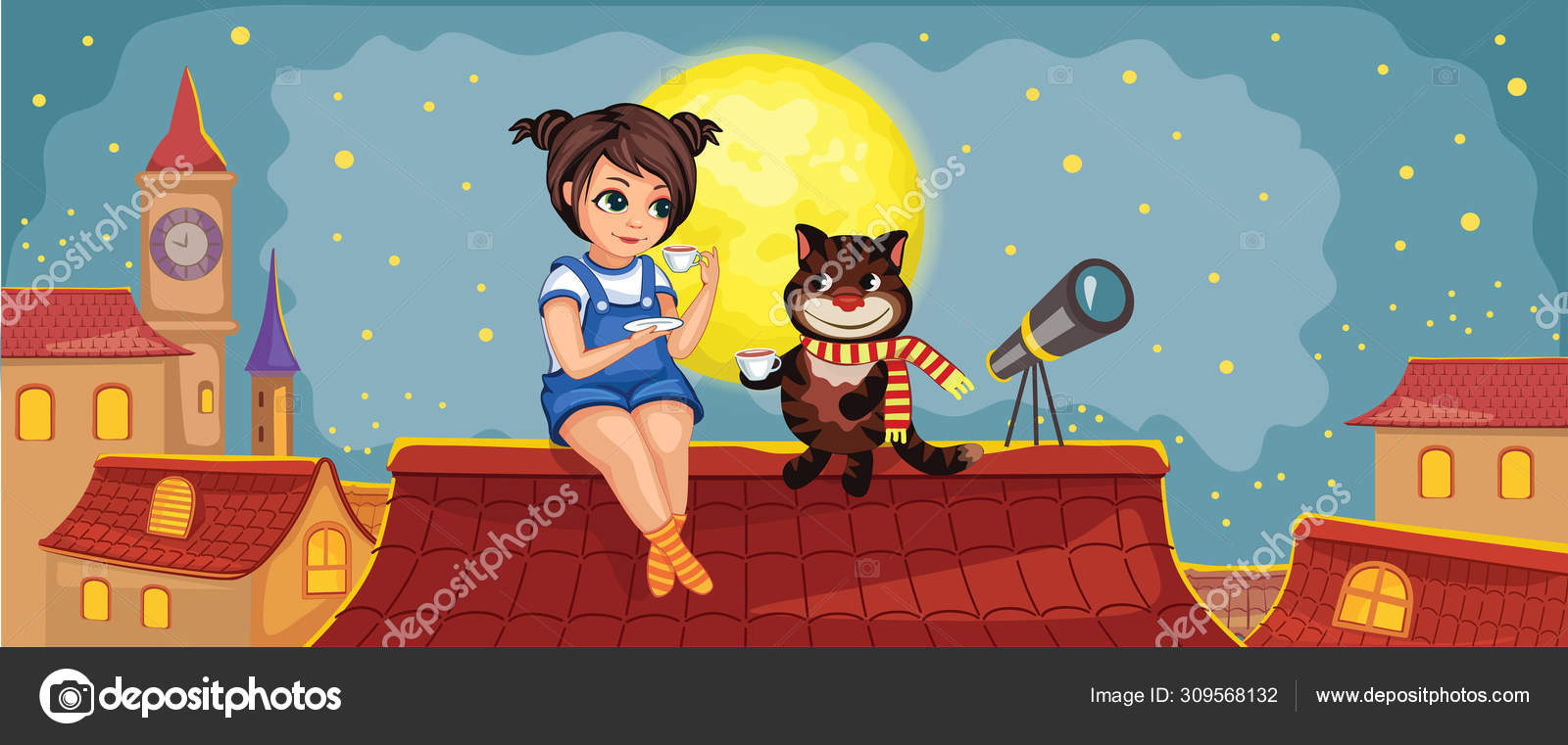 Little Girl Cat Drinking Tea Roof Night Sky Moon Stars Stock Vector by ...