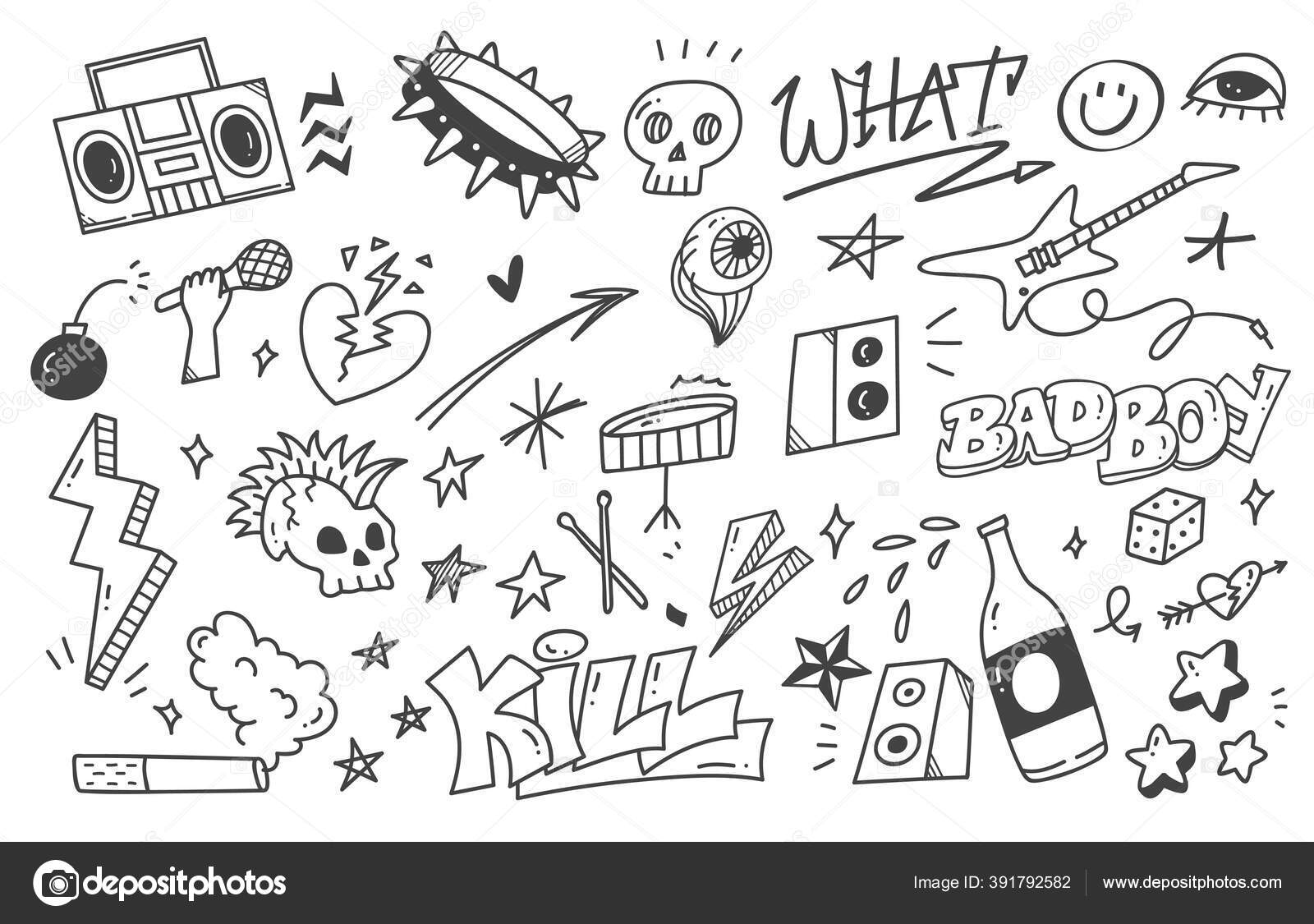 Vector Set Hand Drawn Punk Doodle Elements Stock Vector Image by ...