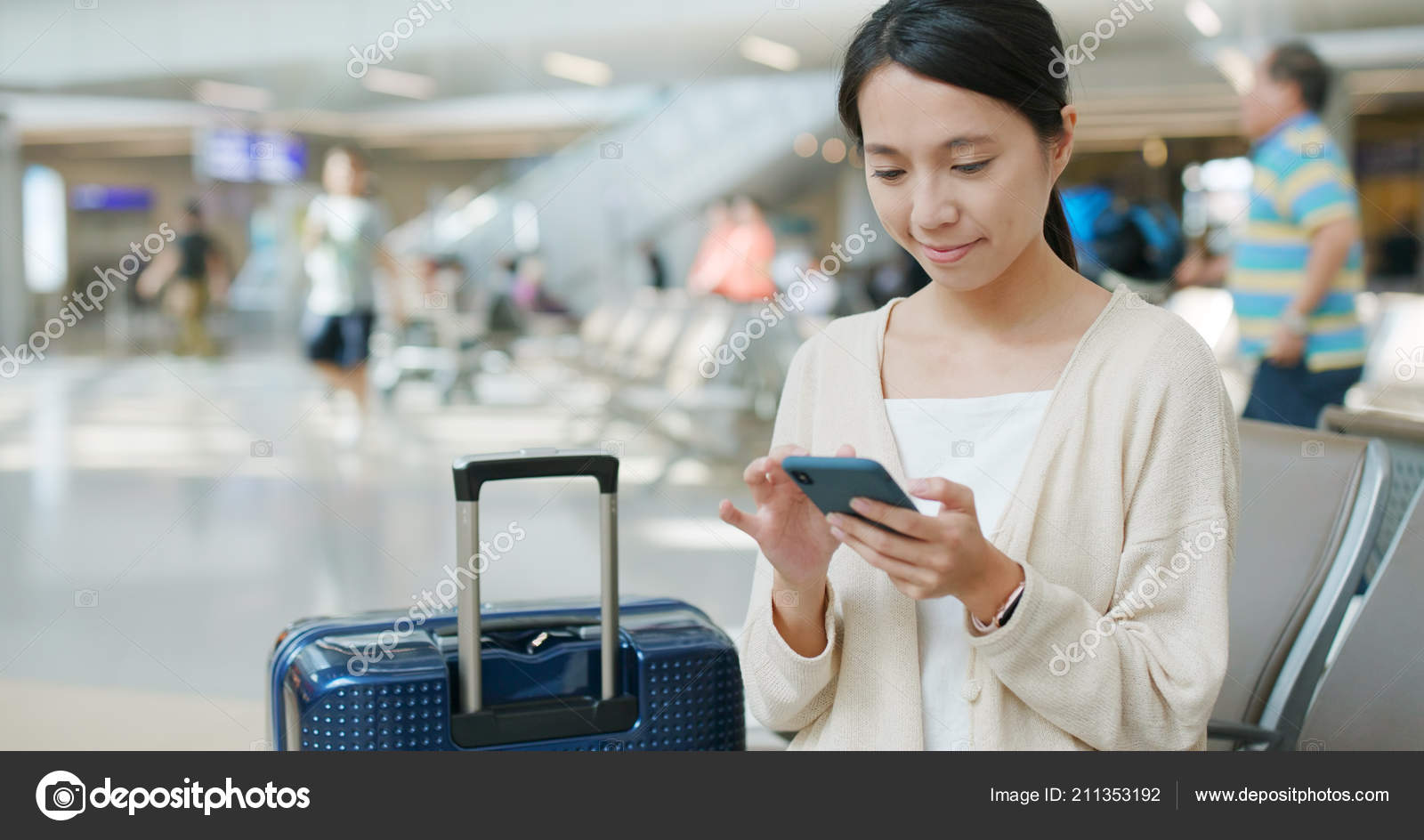 Woman Checking Flight Number Mobile Phone Airport — Stock Photo ...