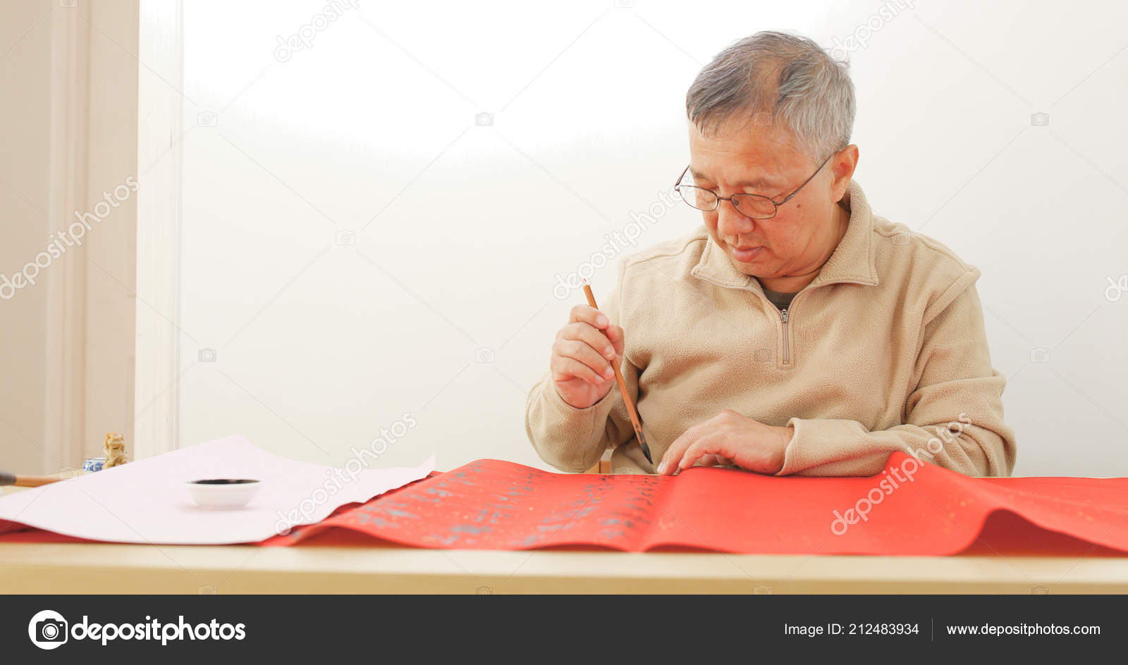Old Man Writing Chinese Calligraphy Red Paper Stock Photo by ...