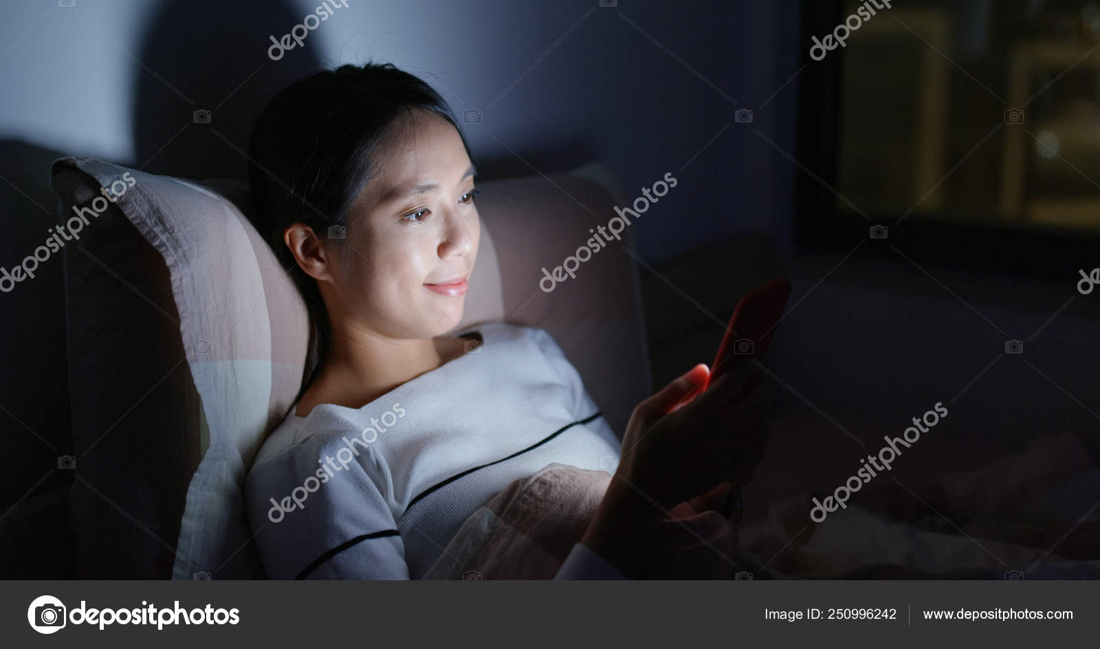 Woman Use Mobile Phone Bed Night — Stock Photo © leungchopan #250996242