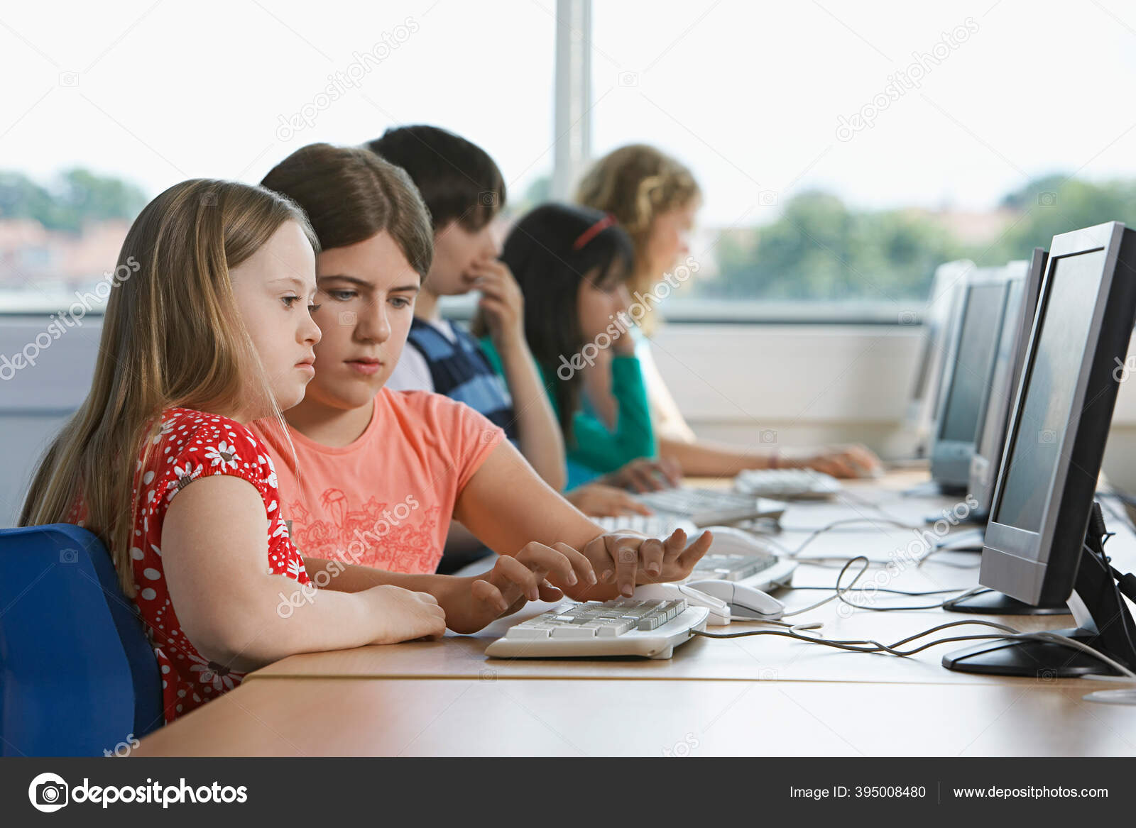 Two Girls Using Computer Computer Lab Children Background Stock Photo ...