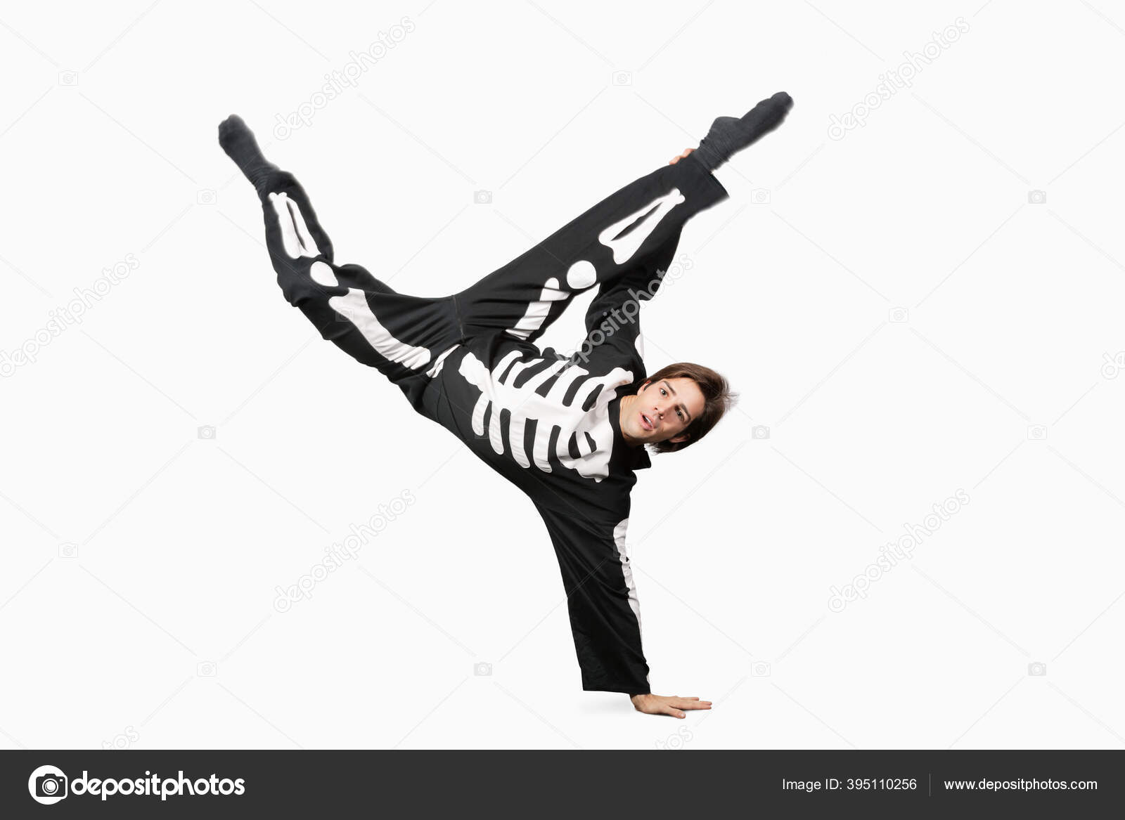 Young Man Skeleton Costume Break Dancing White Background Stock Photo ...