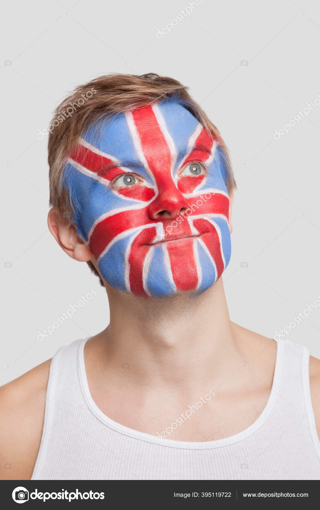 Thoughtful Young Caucasian Man British Flag Painted Face White ...