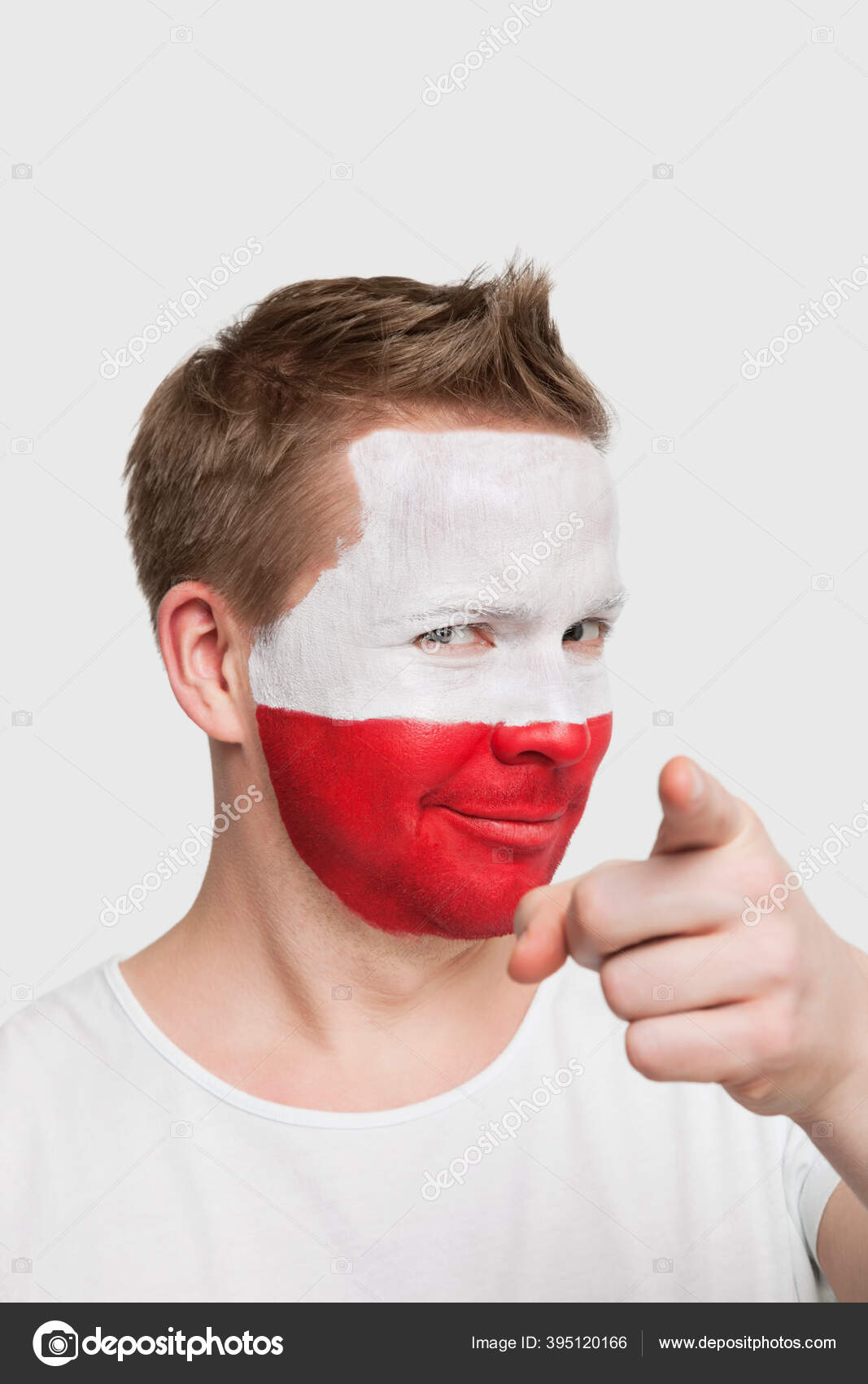 Portrait Young Man Polish Flag Painted Face Pointing Finger White ...