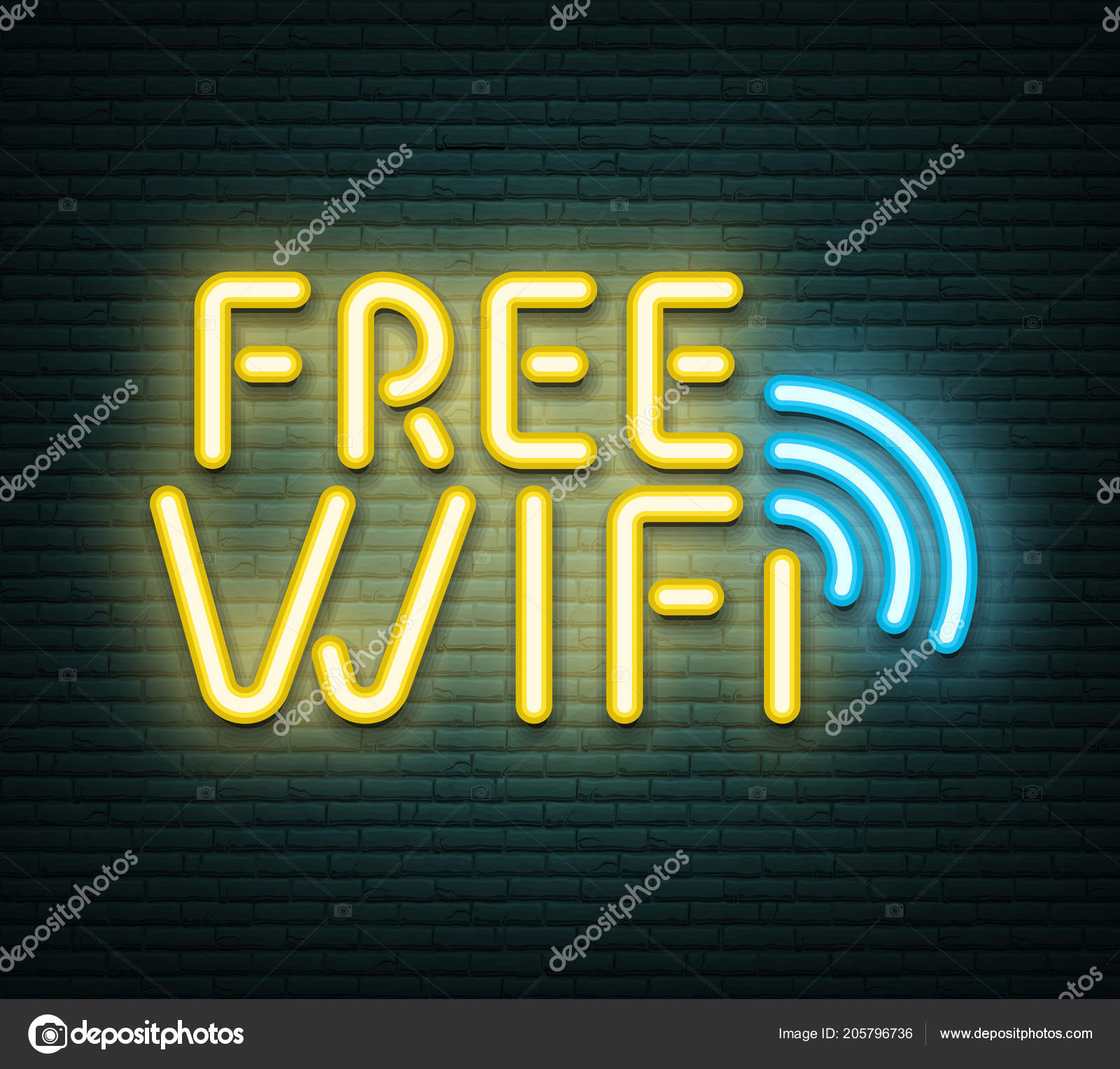 Free Wifi Neon Luminous Signboard Grey Realistic Bricklaying Wall ...