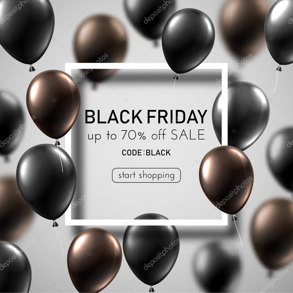 Viernes negro venta cartel promocional blanco con globos de color y marco cuadrado blanco ...
