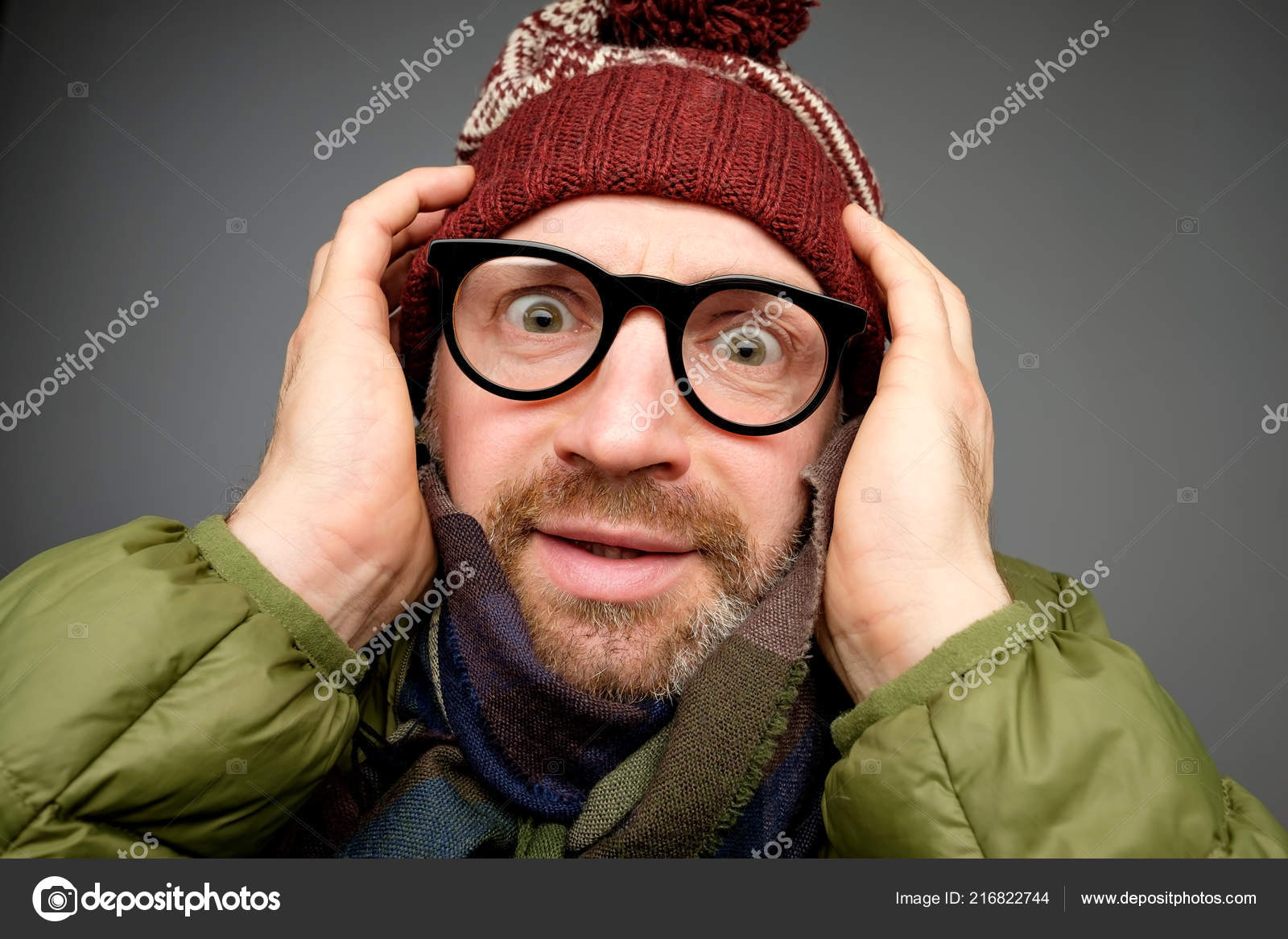 Afraid Storm Bad Weather Concept Portrait Scared Man Holding Hands ...