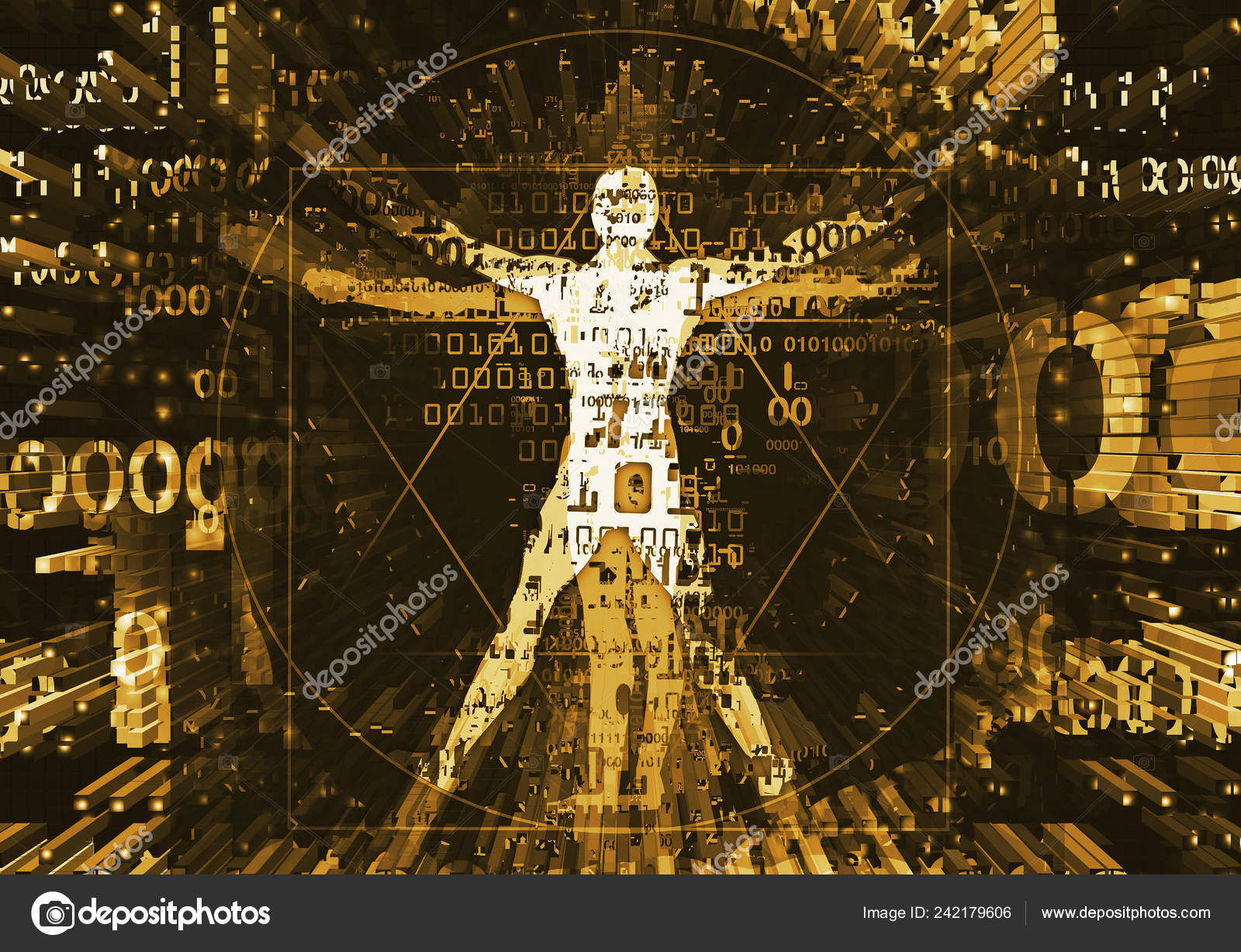 Vitruvian Man Silhouette Explosion Computer Data Futuristic Illustration Vitruvian Man Stock ...