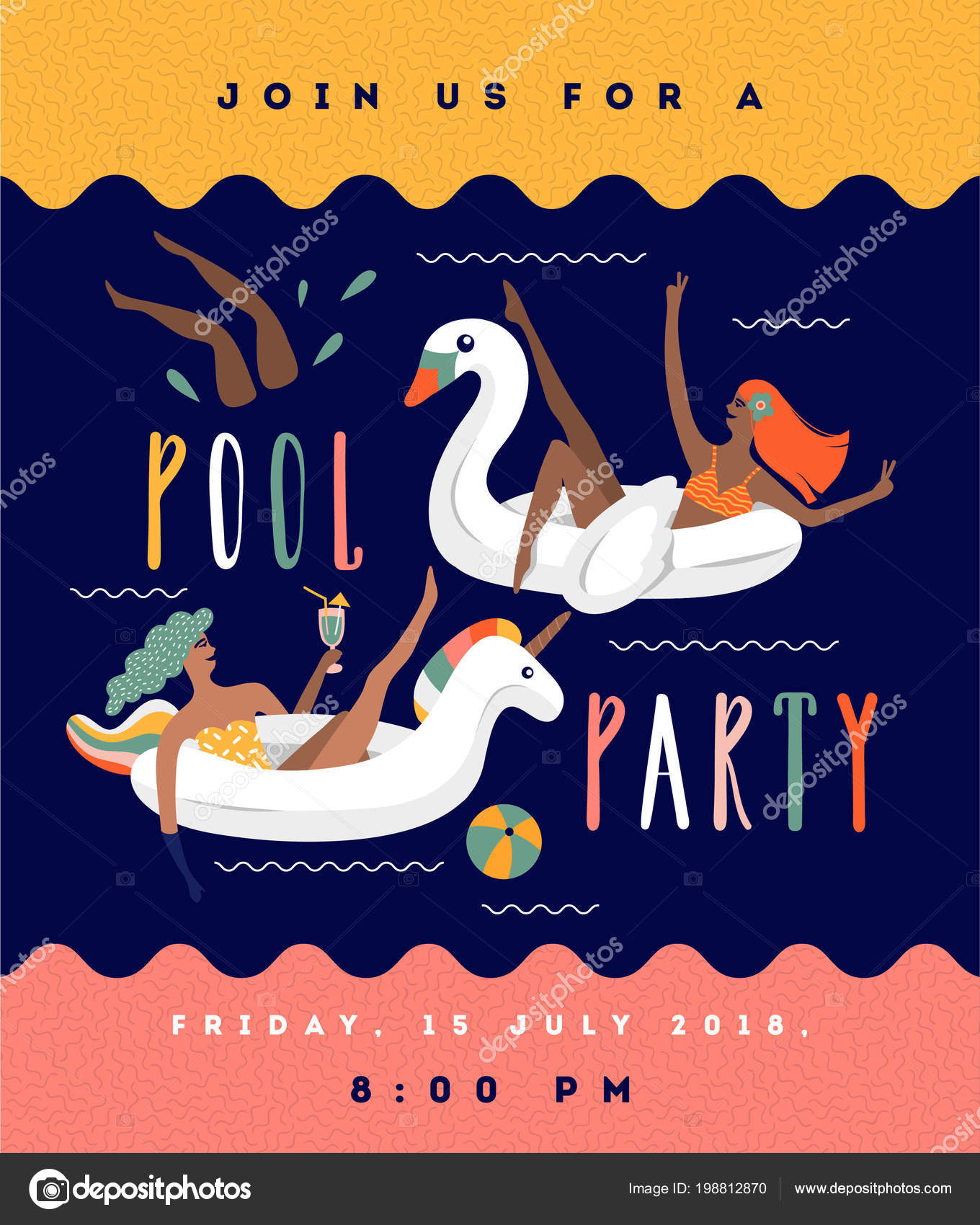 Pool Party Invitation Summer Beach Cartoon Vector Illustration Young ...