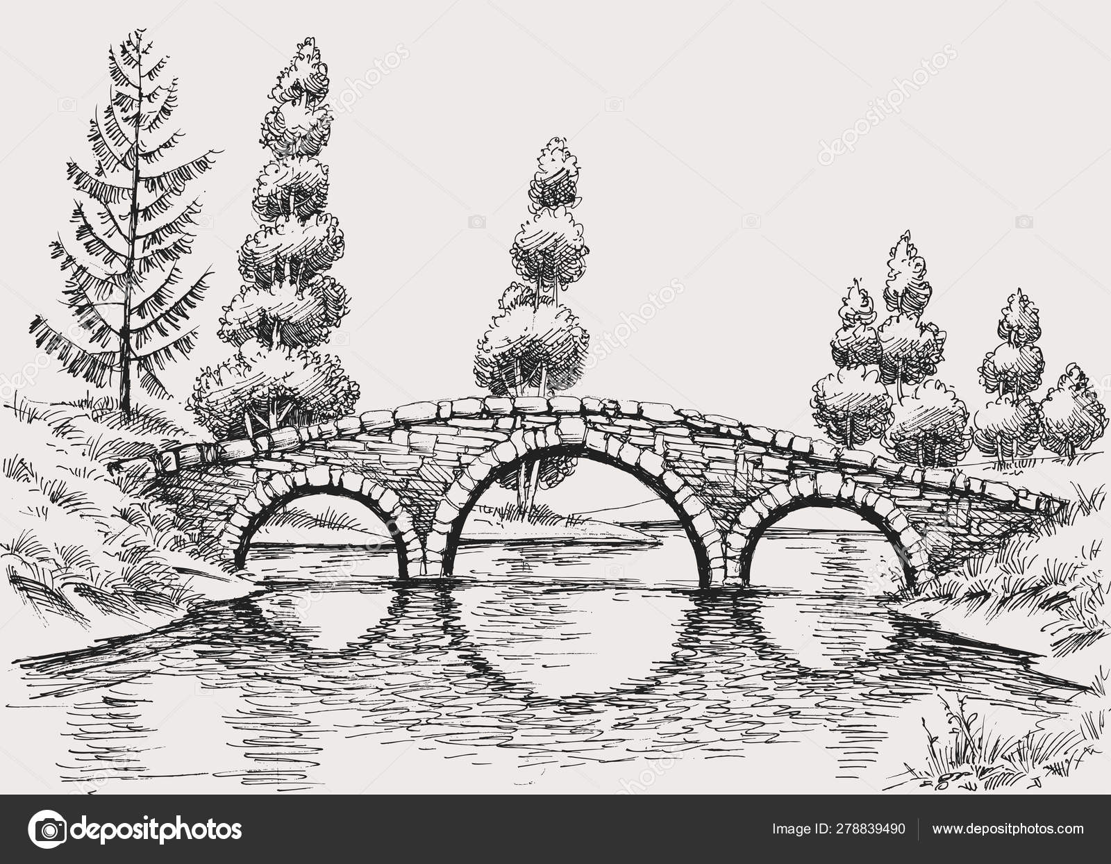 Stone bridge over river hand drawn landscape Stock Vector by ©Danussa ...