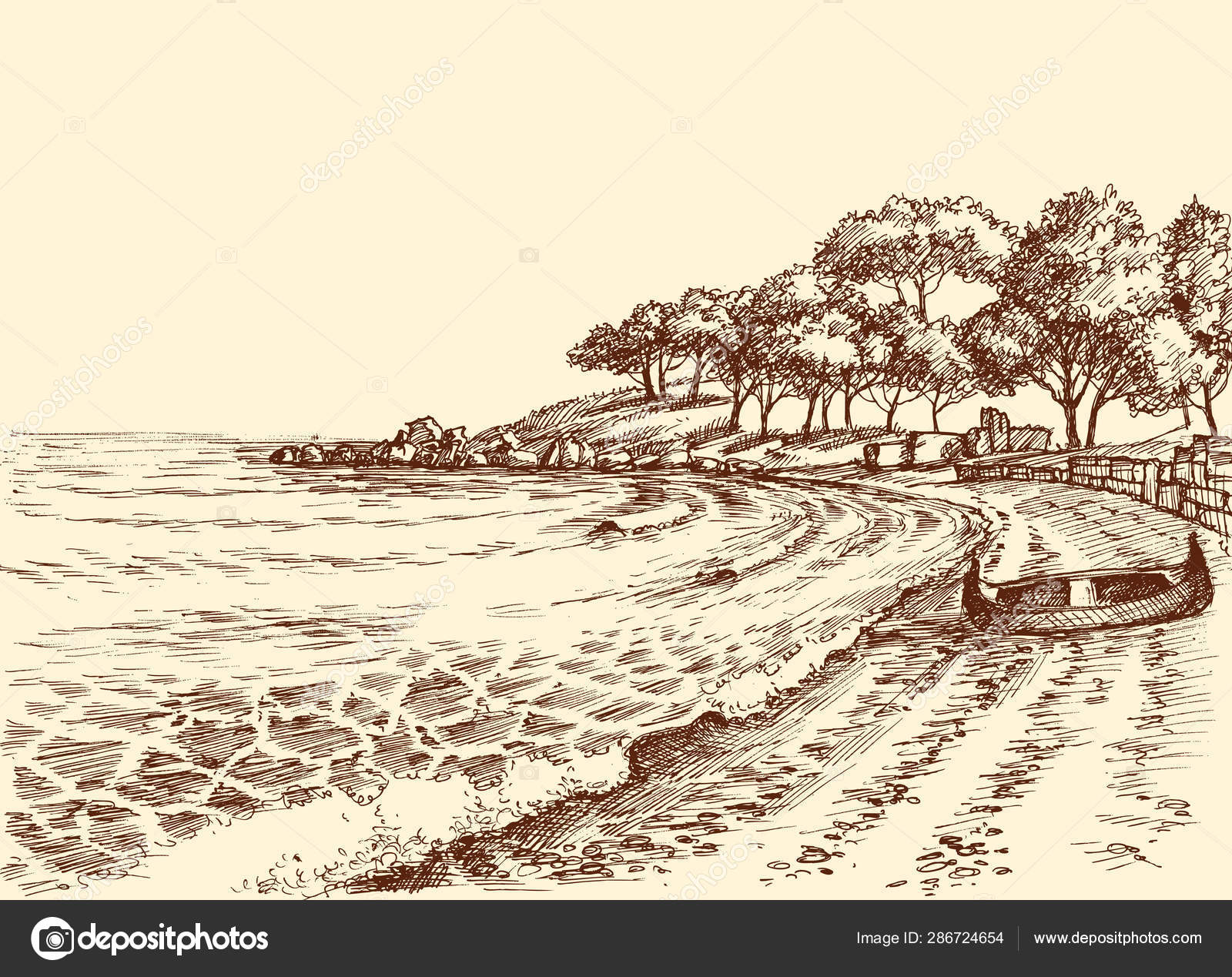 Beach, sea and a boat on shore hand drawing Stock Vector Image by ...