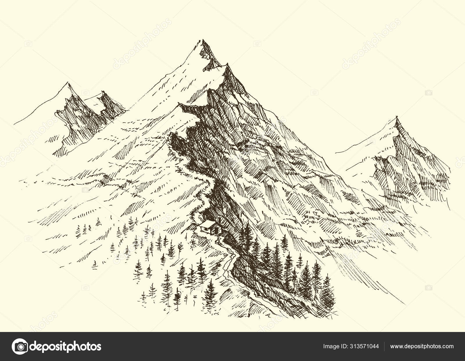 Mountain ridge hand drawing. Alpine panorama landscape Stock Vector by ...