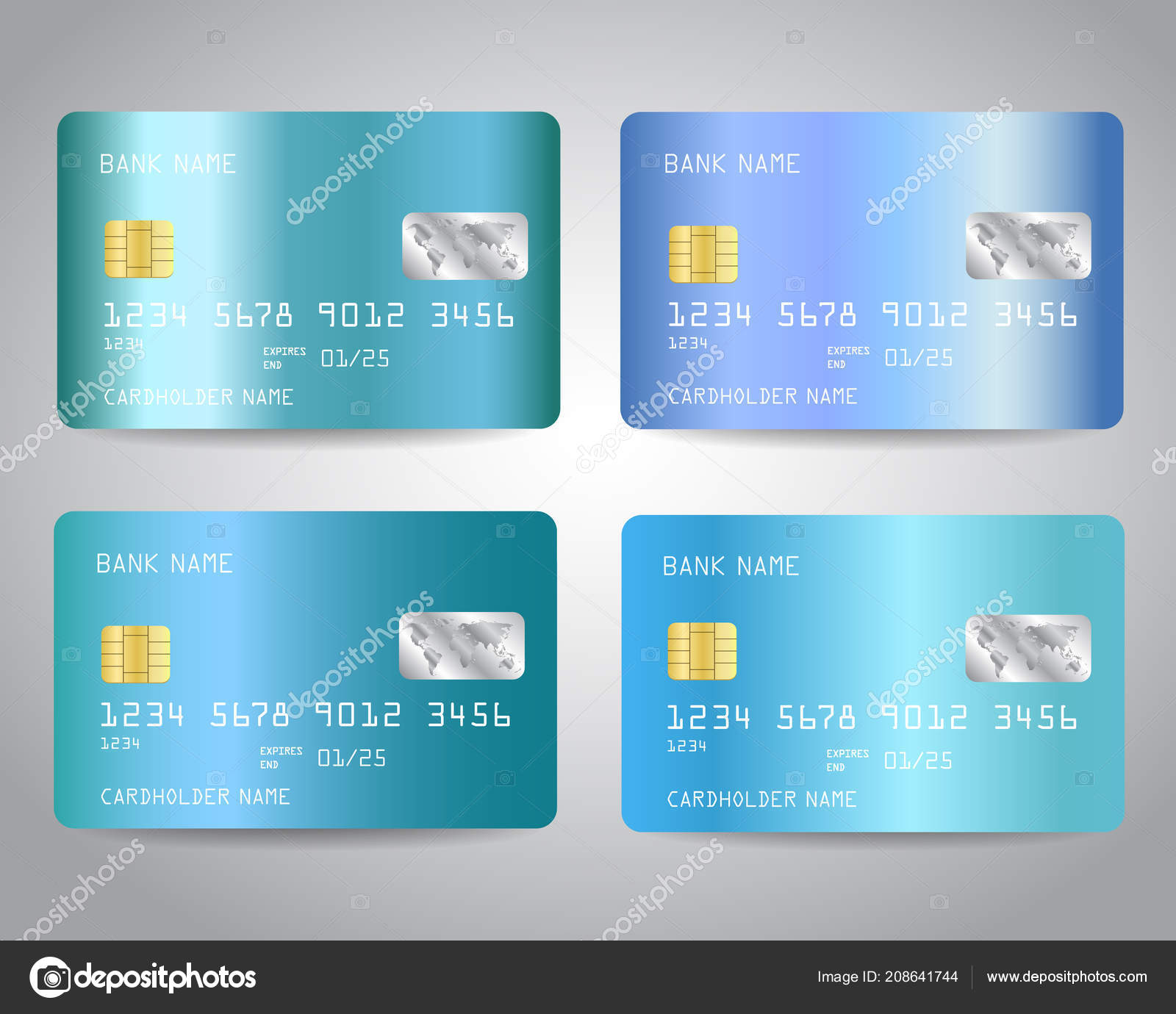 Realistic Detailed Credit Cards Set Blue Gold Metallic Gradient Design ...