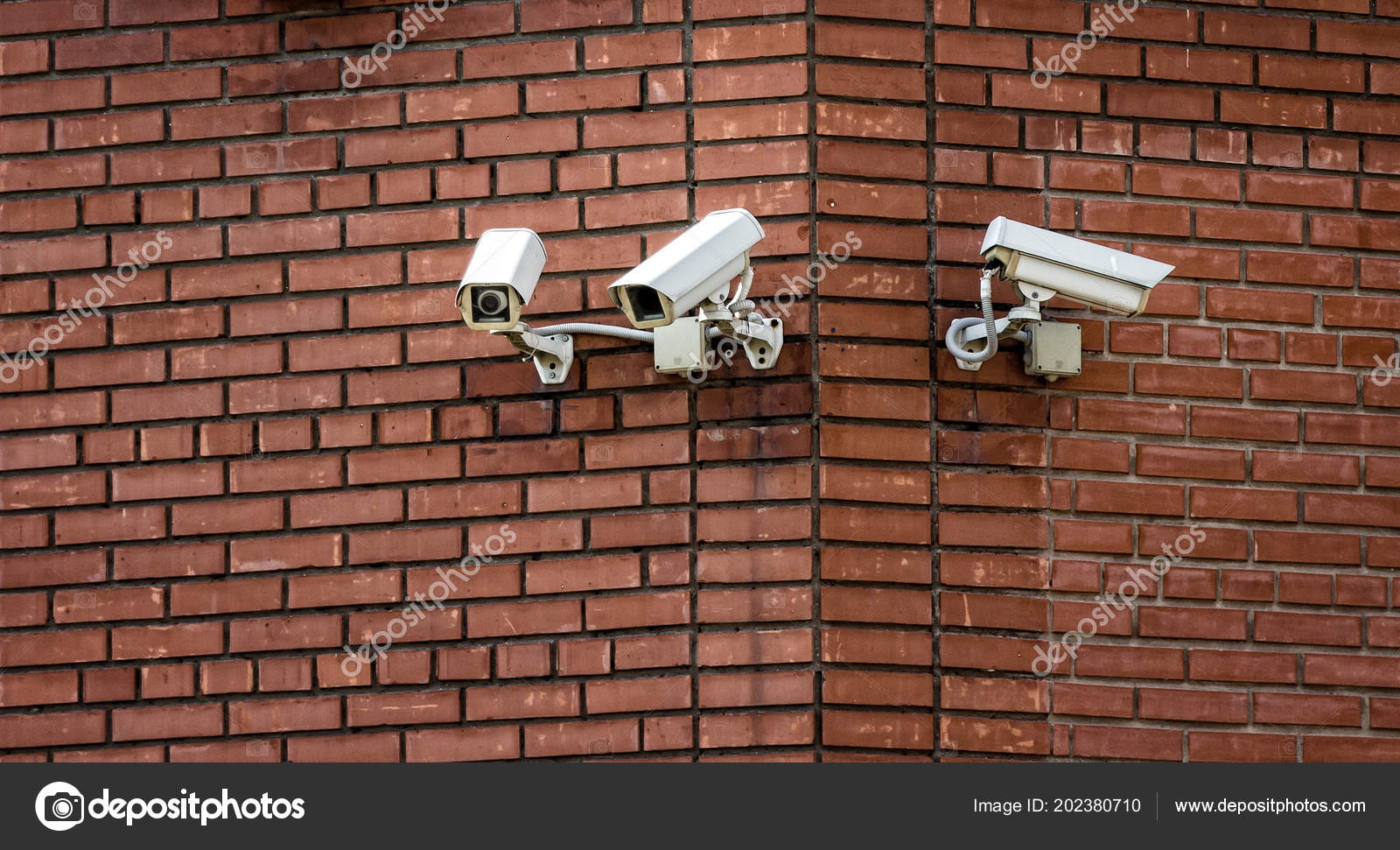 Three Surveillance Cameras Installed Brick Wall Building Stock Photo by ...