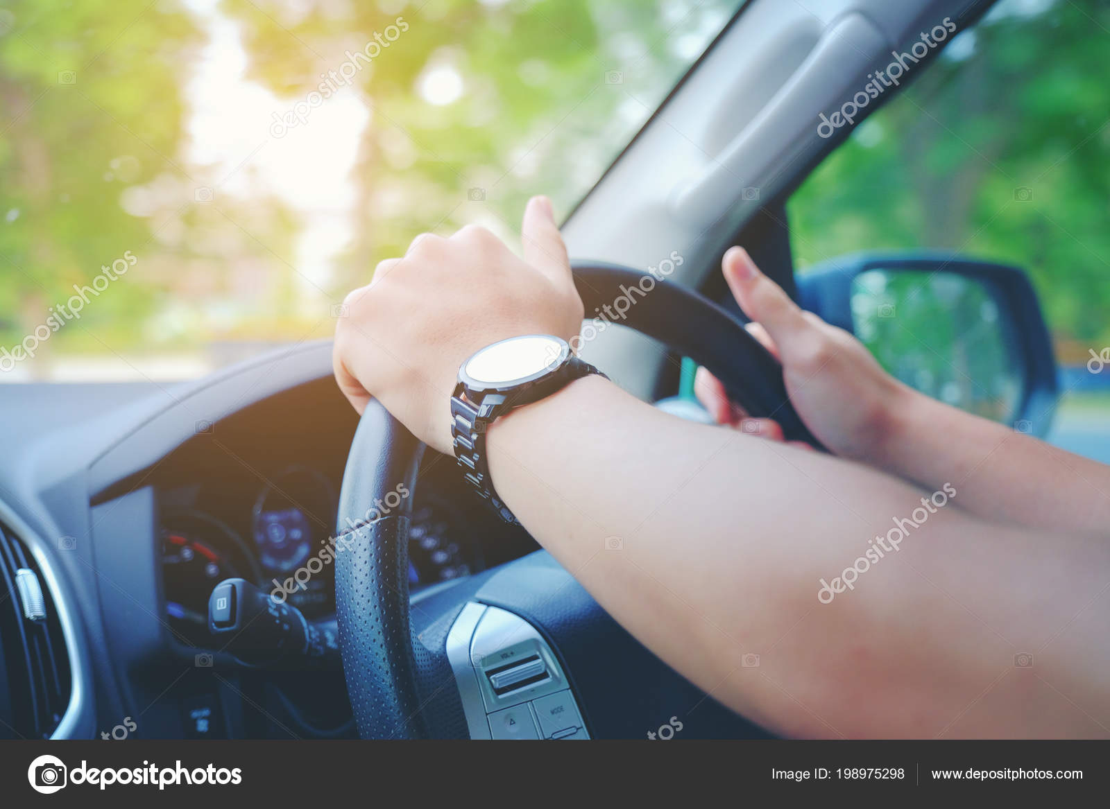 Closeup Hand Wear Smart Man Driving Car Hand Holding Steering Stock ...