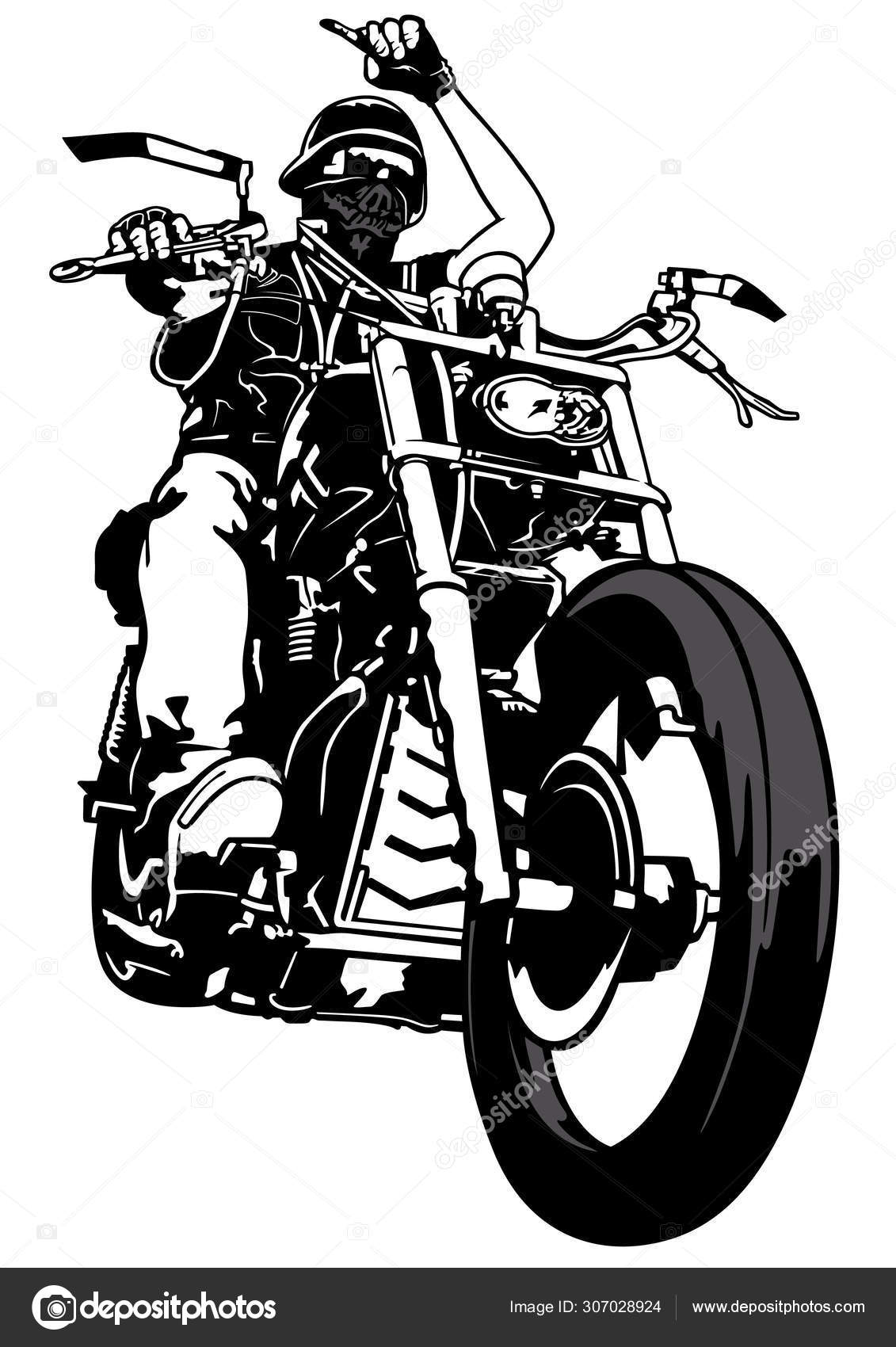 Motorcyclist Gang Black White Outline Illustration Rider Harley ...