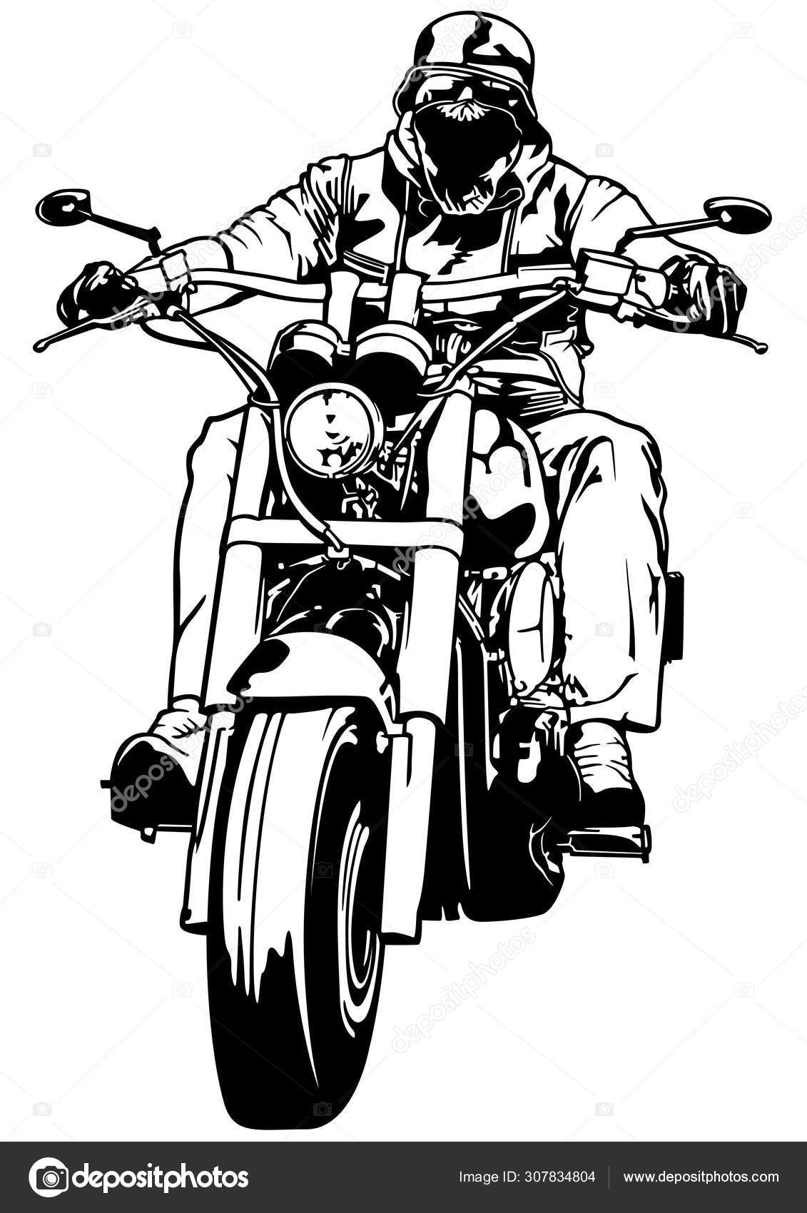 Motorcyclist Gang Black White Outline Illustration Rider Motorcycle ...