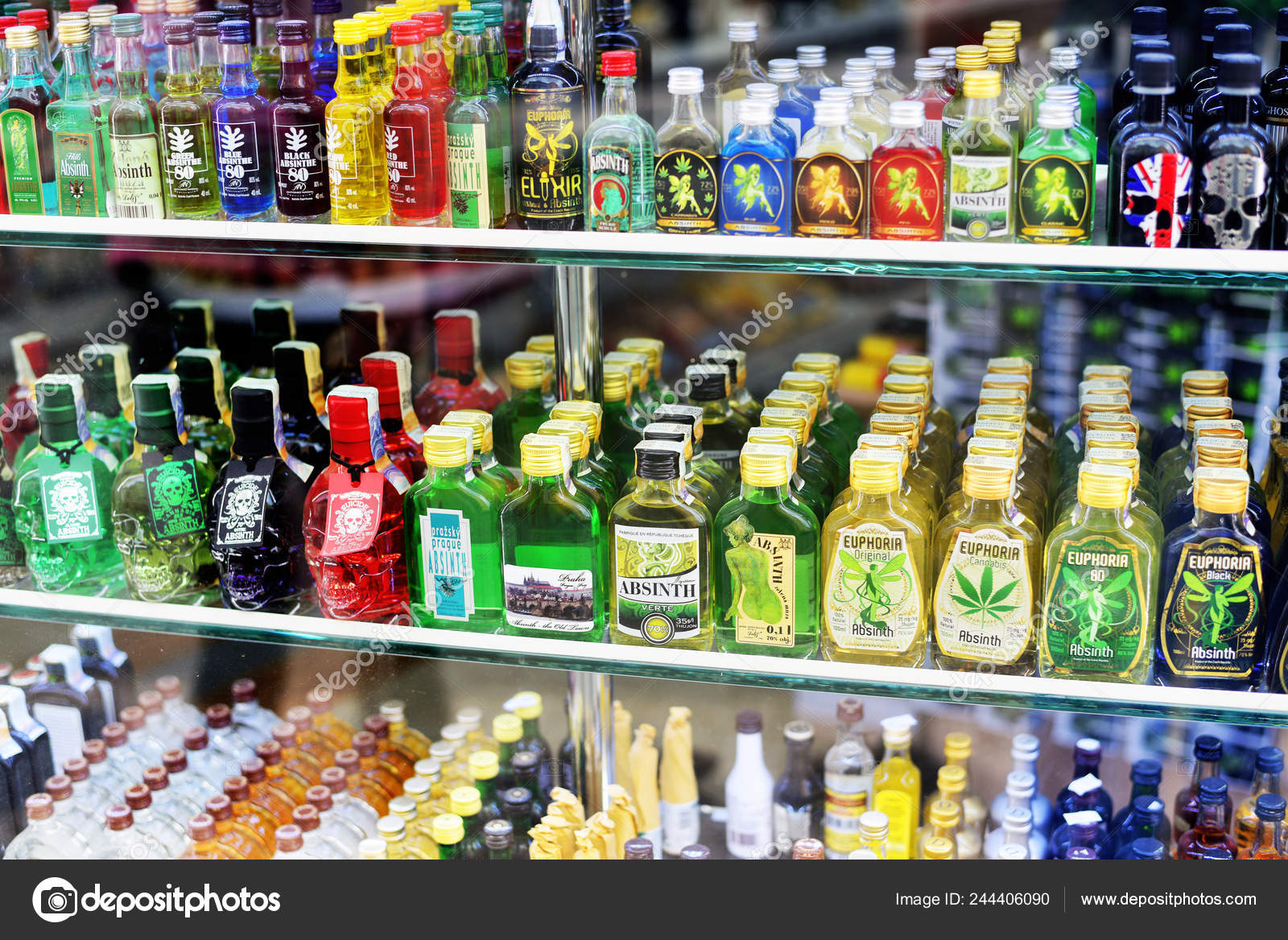 Prague Czech Republic May 2018 Shop Window Absinthe Glass Bottles ...