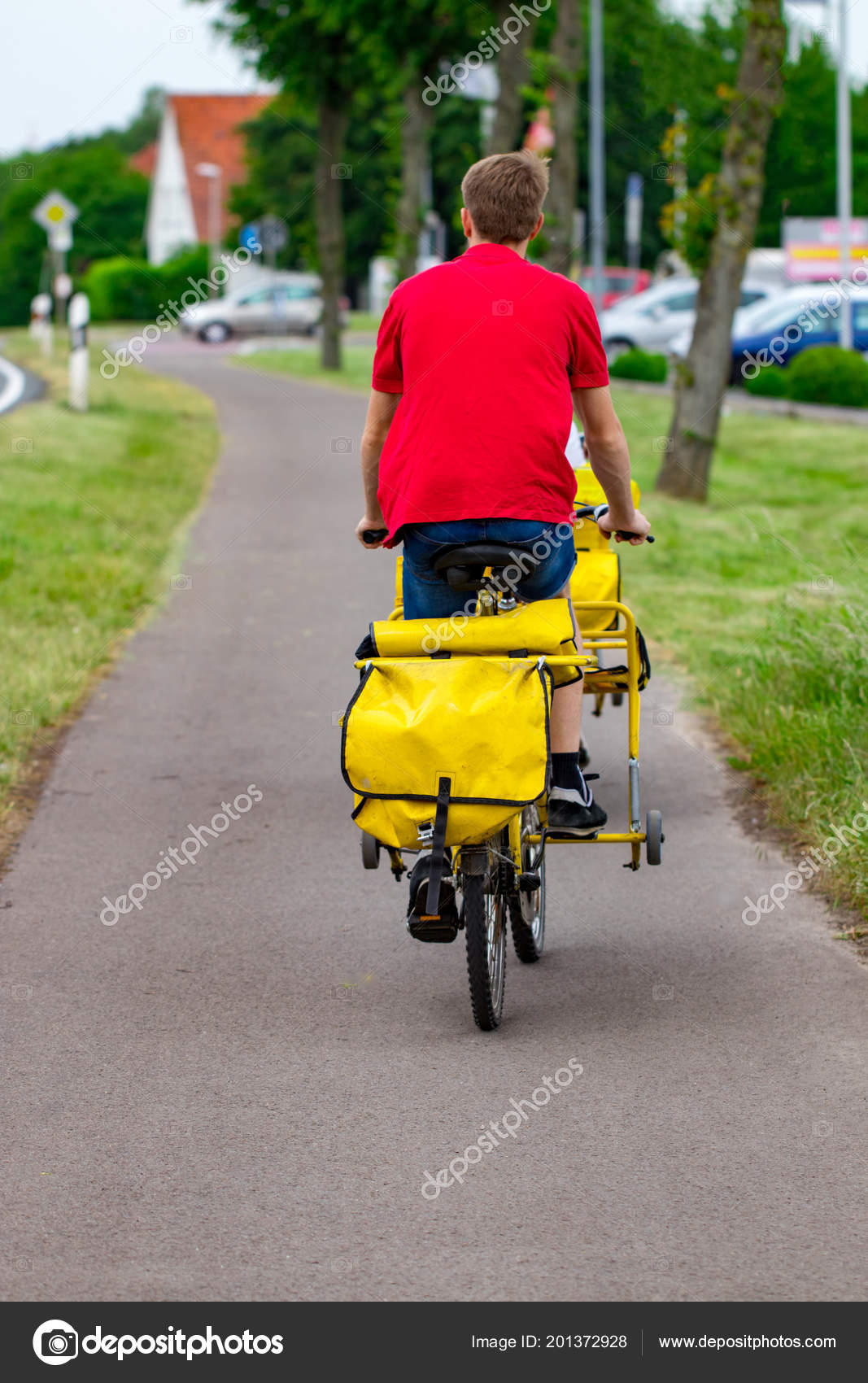 Postman Riding His Cargo Bike Carrying Out Mail Neighborhood — Stock ...
