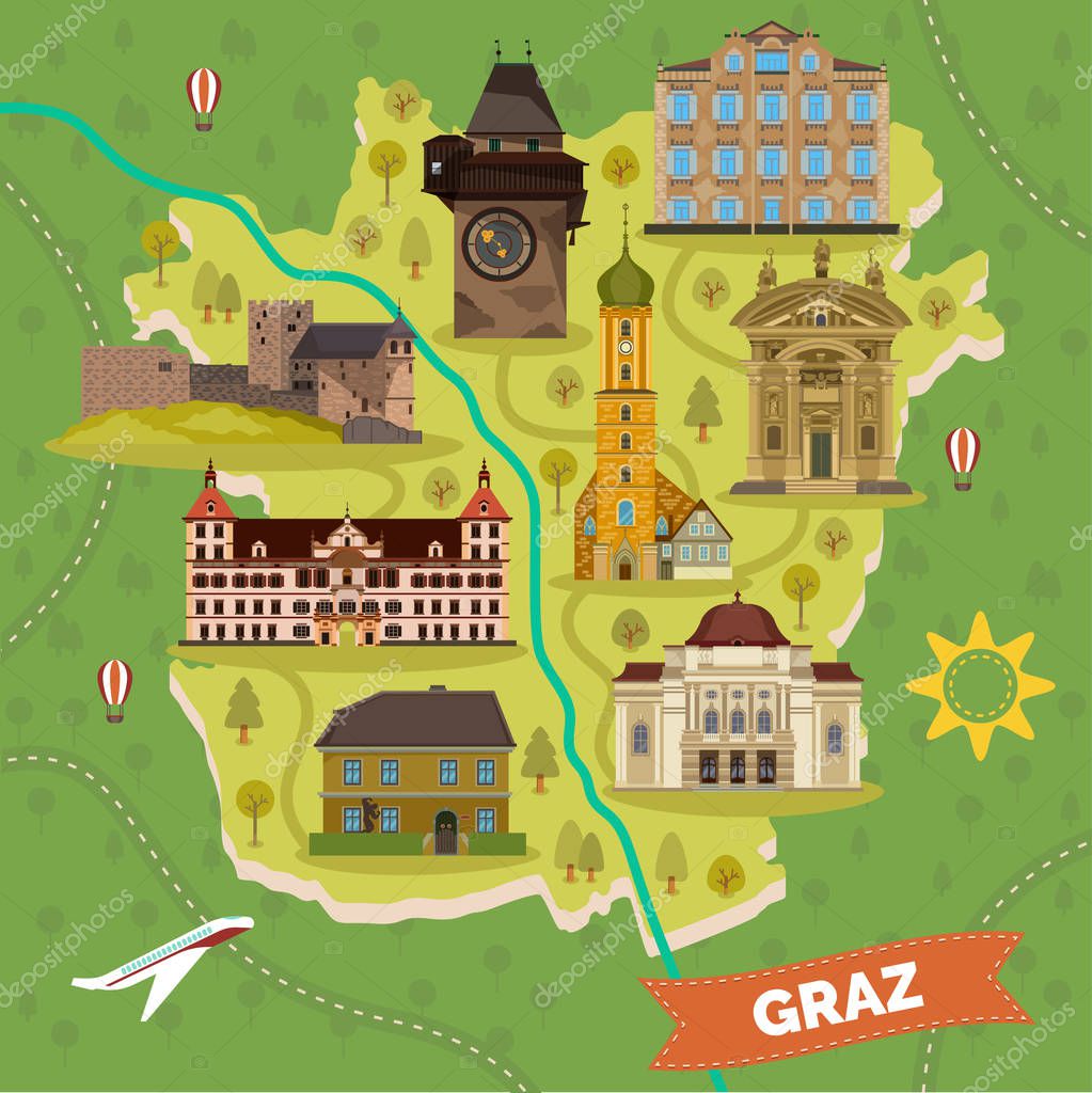 Graz mapa de la ciudad con monumentos turísticos 2023