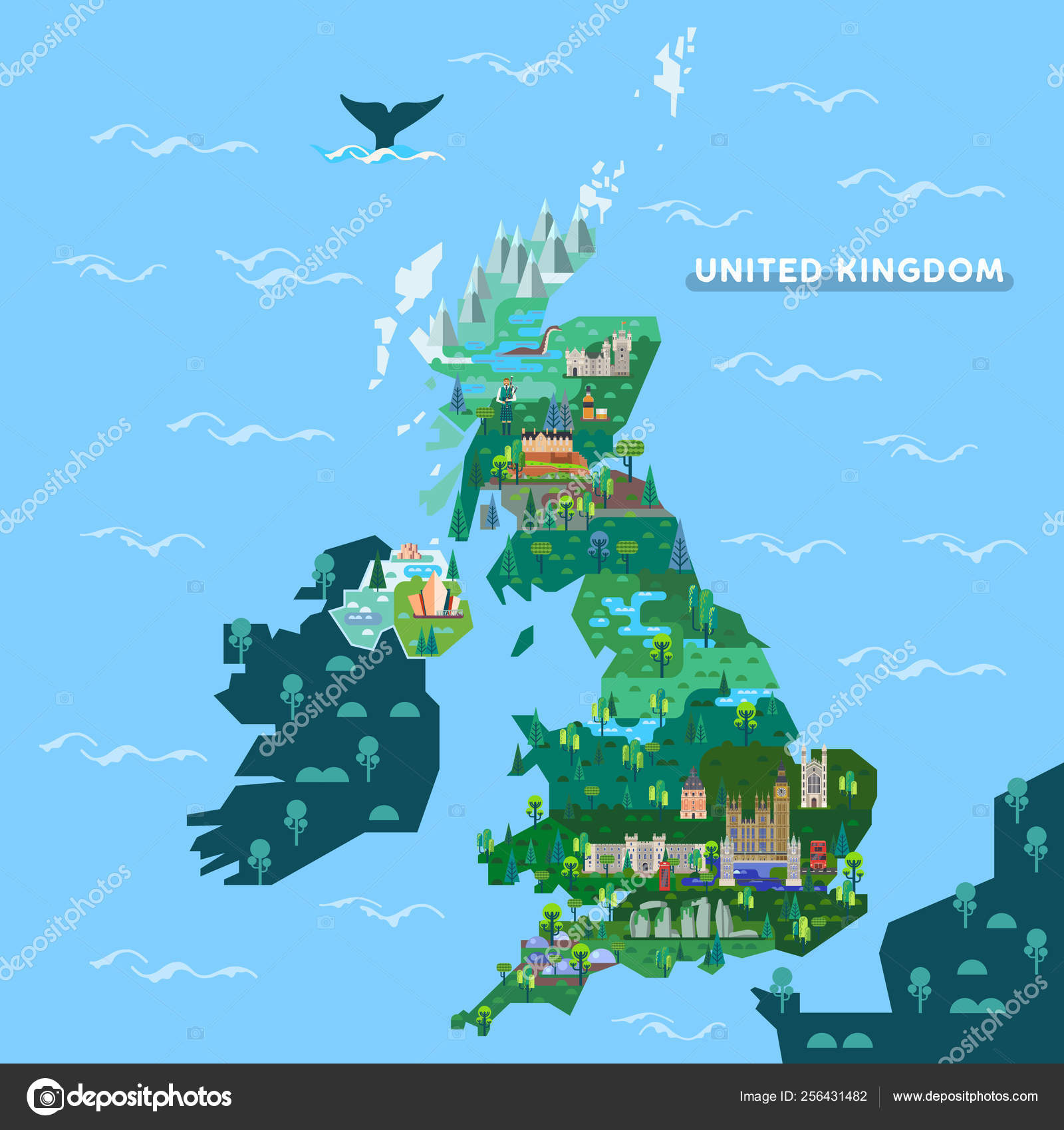 England, United Kingdom map with famous landmarks Stock Vector Image by ...