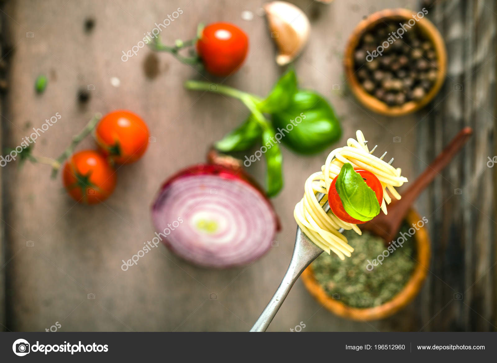 Italian Cuisine Pasta Fork Pasta Olive Oil Garlic Basil Tomatoes Stock ...