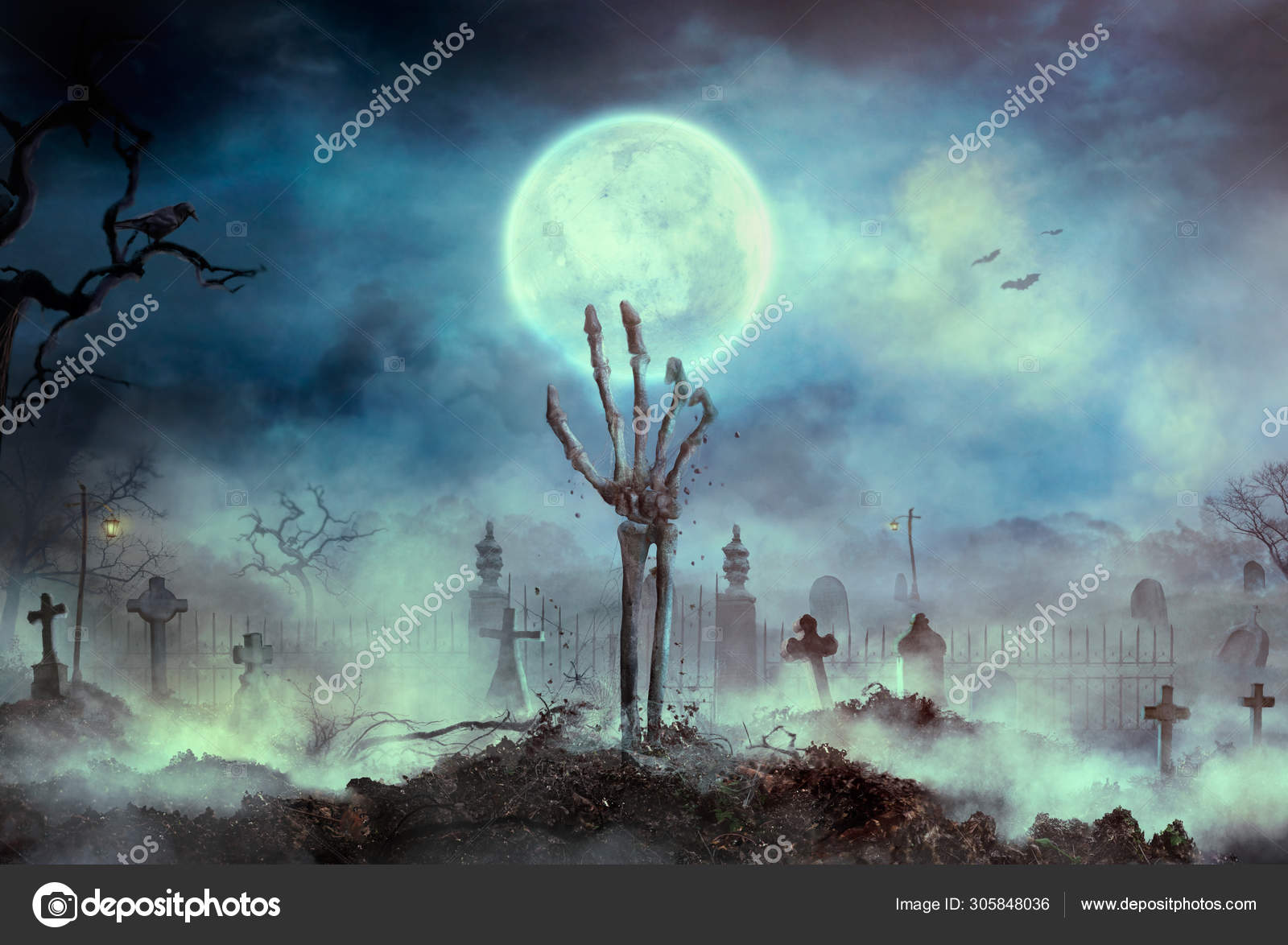 Zombie skeleton hand rise from the grave — Stock Photo © mythja #305848036