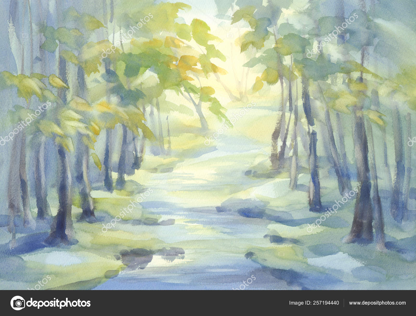 Spring forest with a river in the green light watercolor background ...