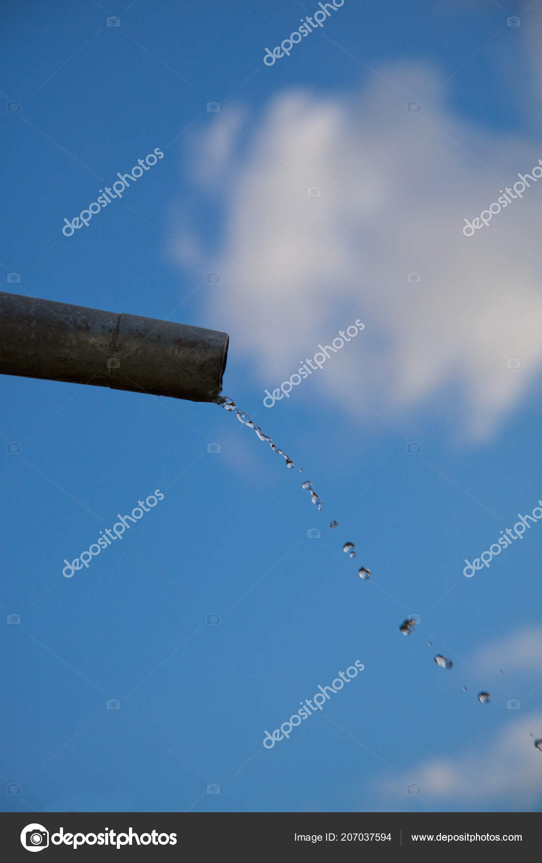 Drops Water Flowing Pipe Close Blue Sky Concept Water Shortage — Stock ...