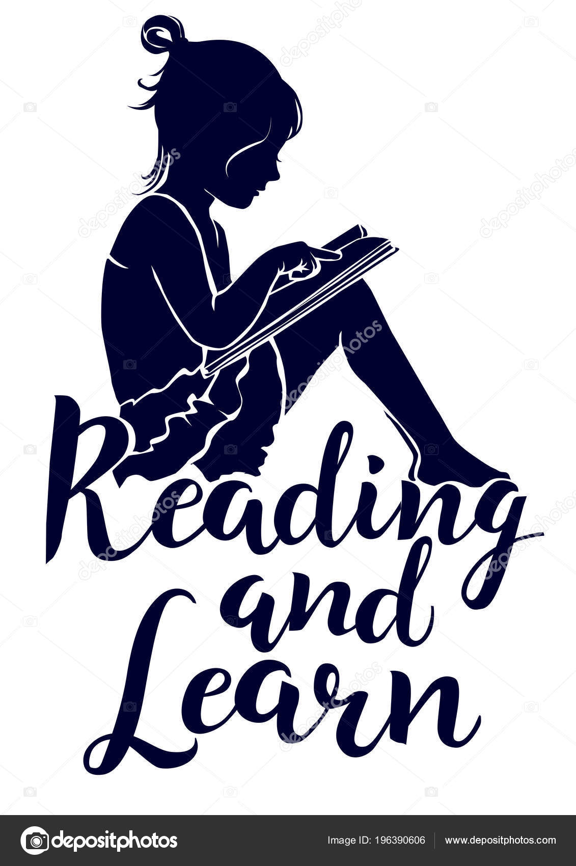 Blqack White Learn Read Lettering Silhouette Little Girl Reading Stock ...