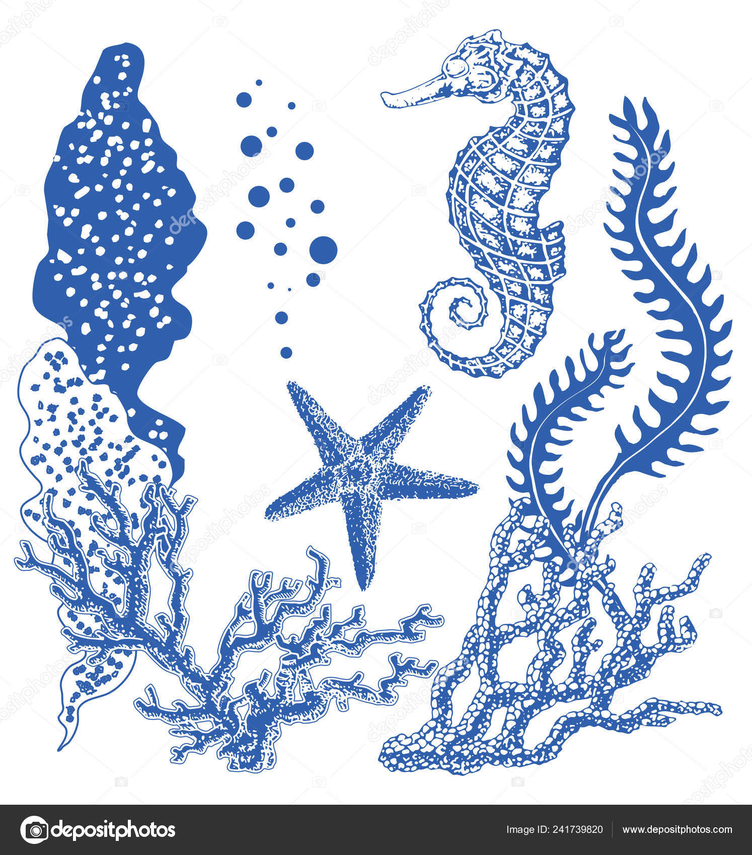 Graphic coral reef with sea horse, sea star, starfish, seaweed, corals ...