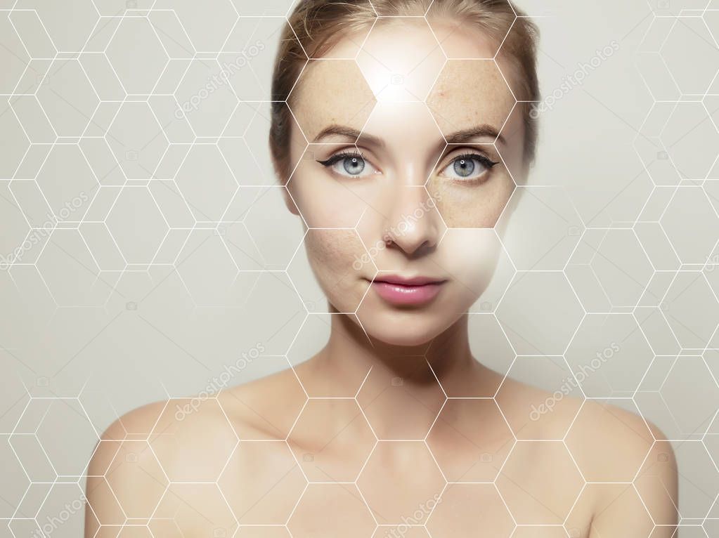 retrato facial de mujer con un concepto claro y espinoso de productos ...