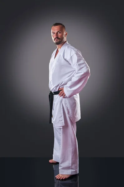 Handsome male karate player posing with the sword on the gray ...