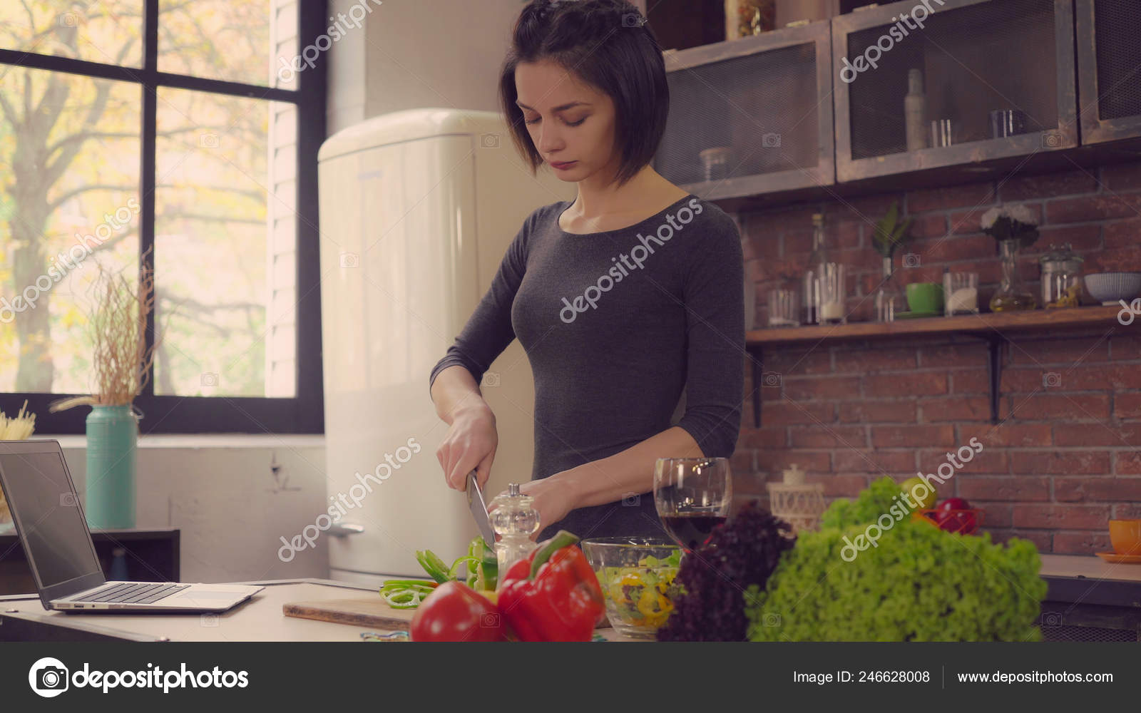 Woman Learning How Cook Dinner Young Girl Trying Cut Vegetables Stock ...