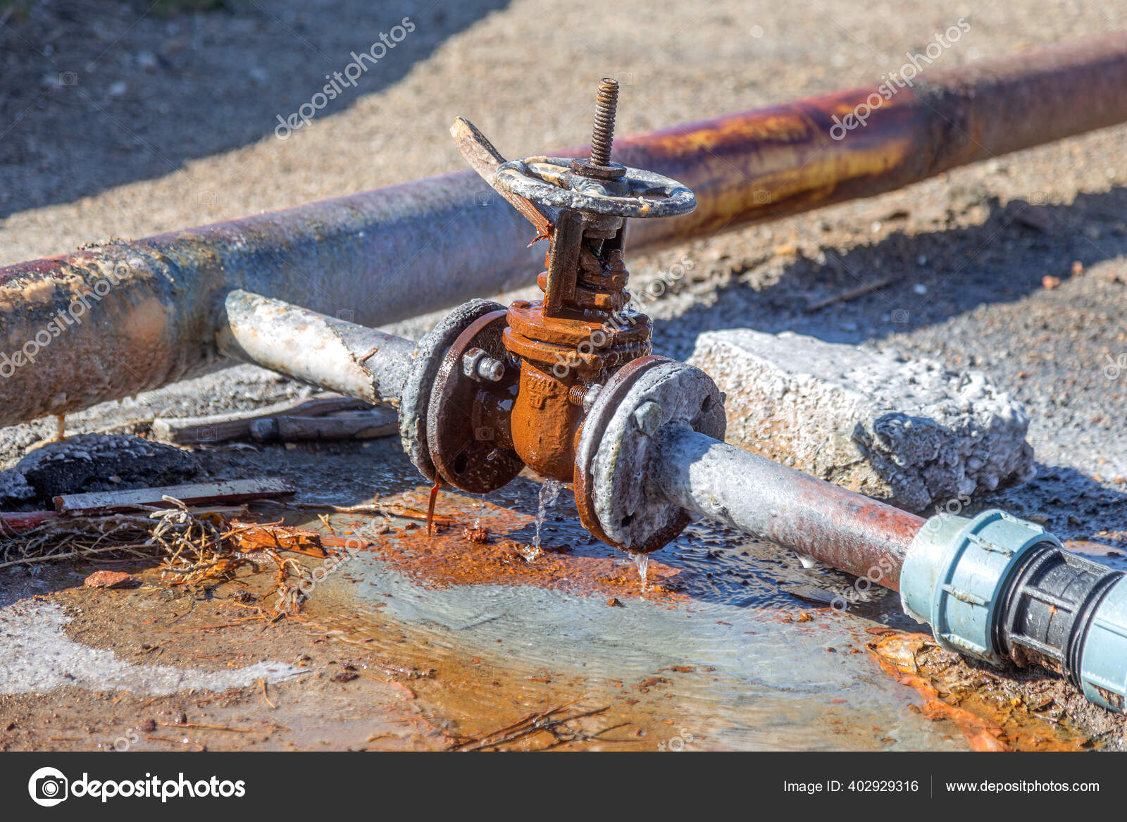 Old Water Valve Rusty Water Valve Puddle Flowing Water Large — Stock ...