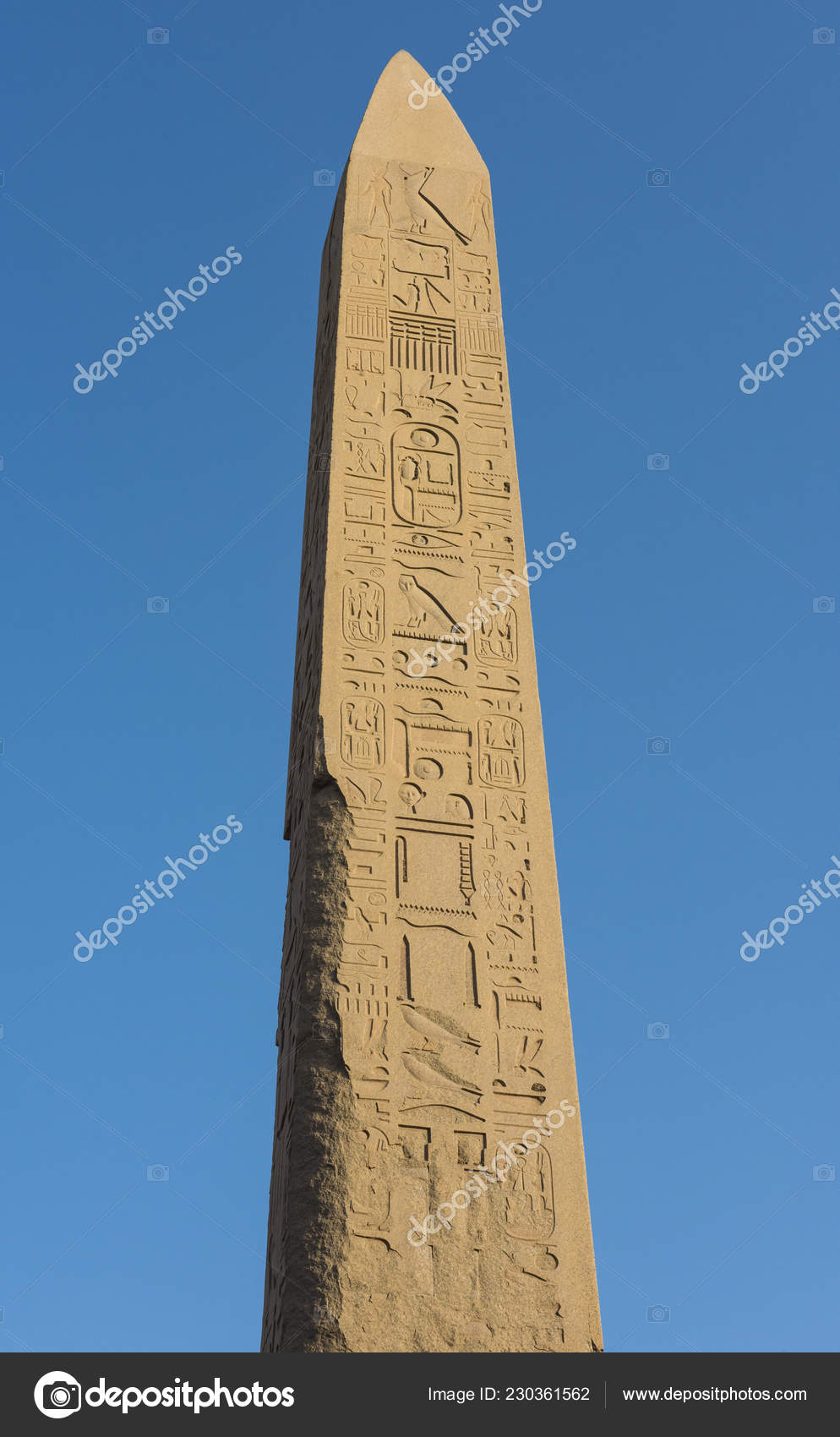 Large Tall Ancient Egyptian Obelisk Temple Karnak Luxor Hieroglyphic Carvings Stock Photo by ...