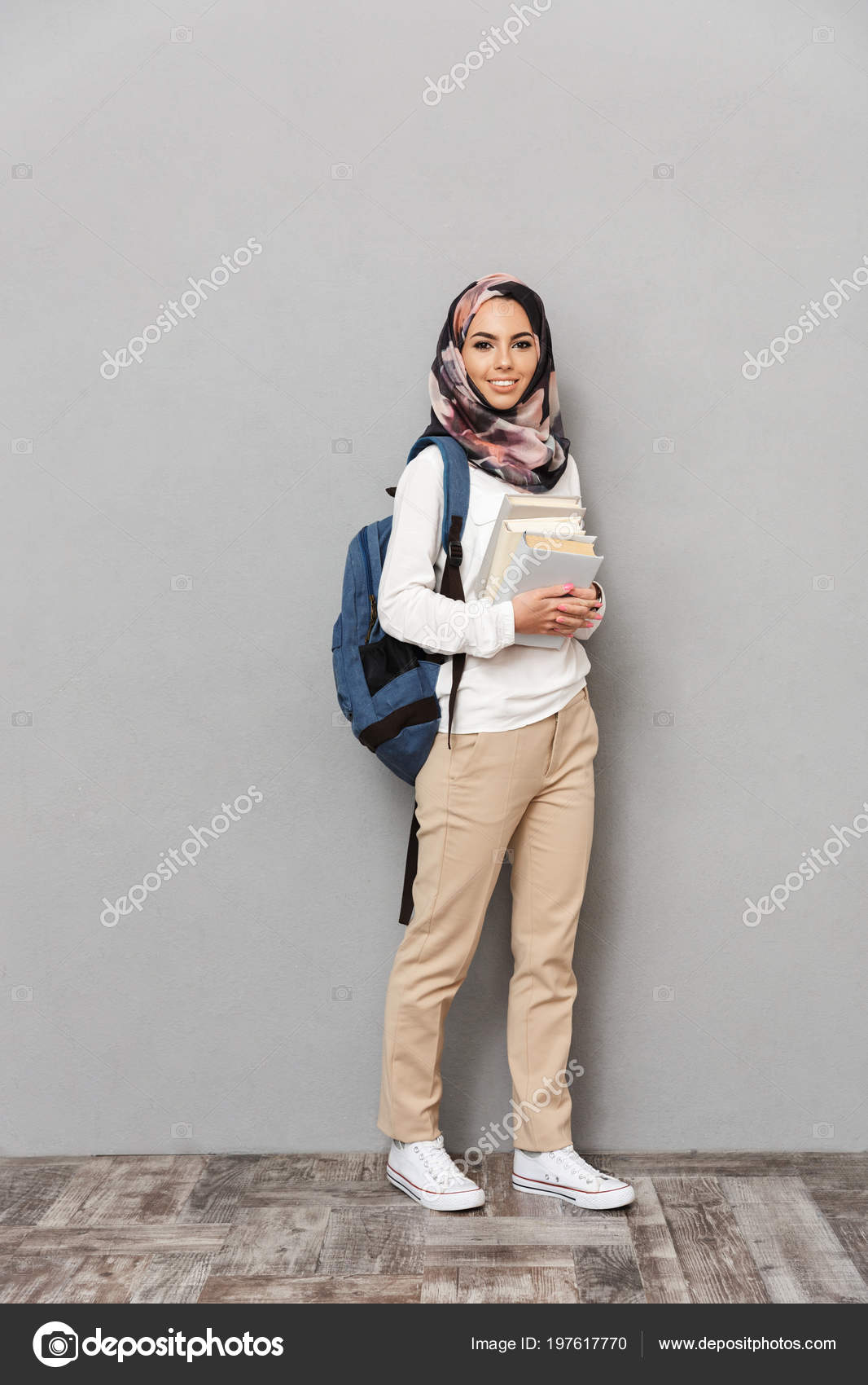 Full Length Portrait Happy Young Arabian Woman Student Backpack Holding ...