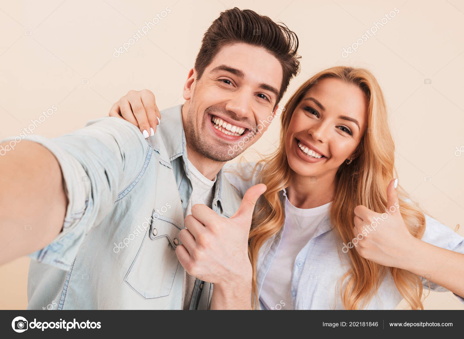 Portrait Two Happy People Man Woman Taking Selfie Photo While Stock ...